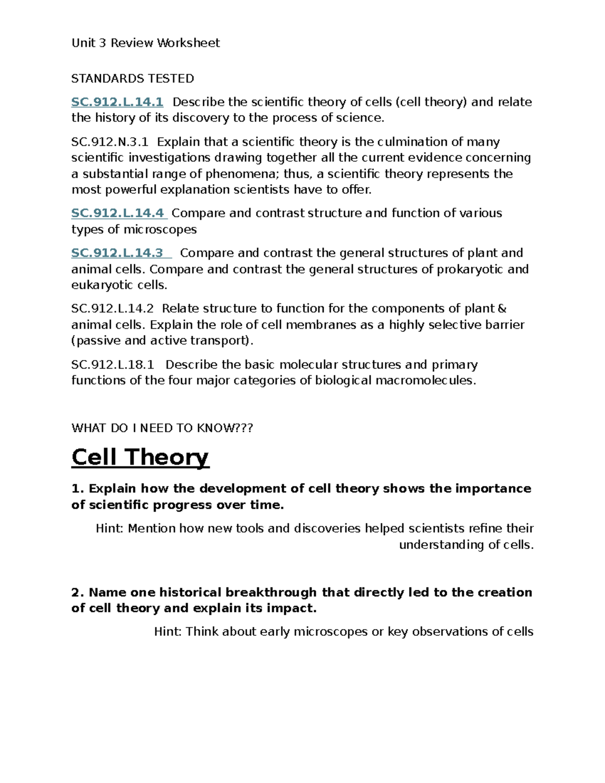 Unit 3 Review: Cell Theory, Microscopes & Structures SC.912.L/SC.912.N ...