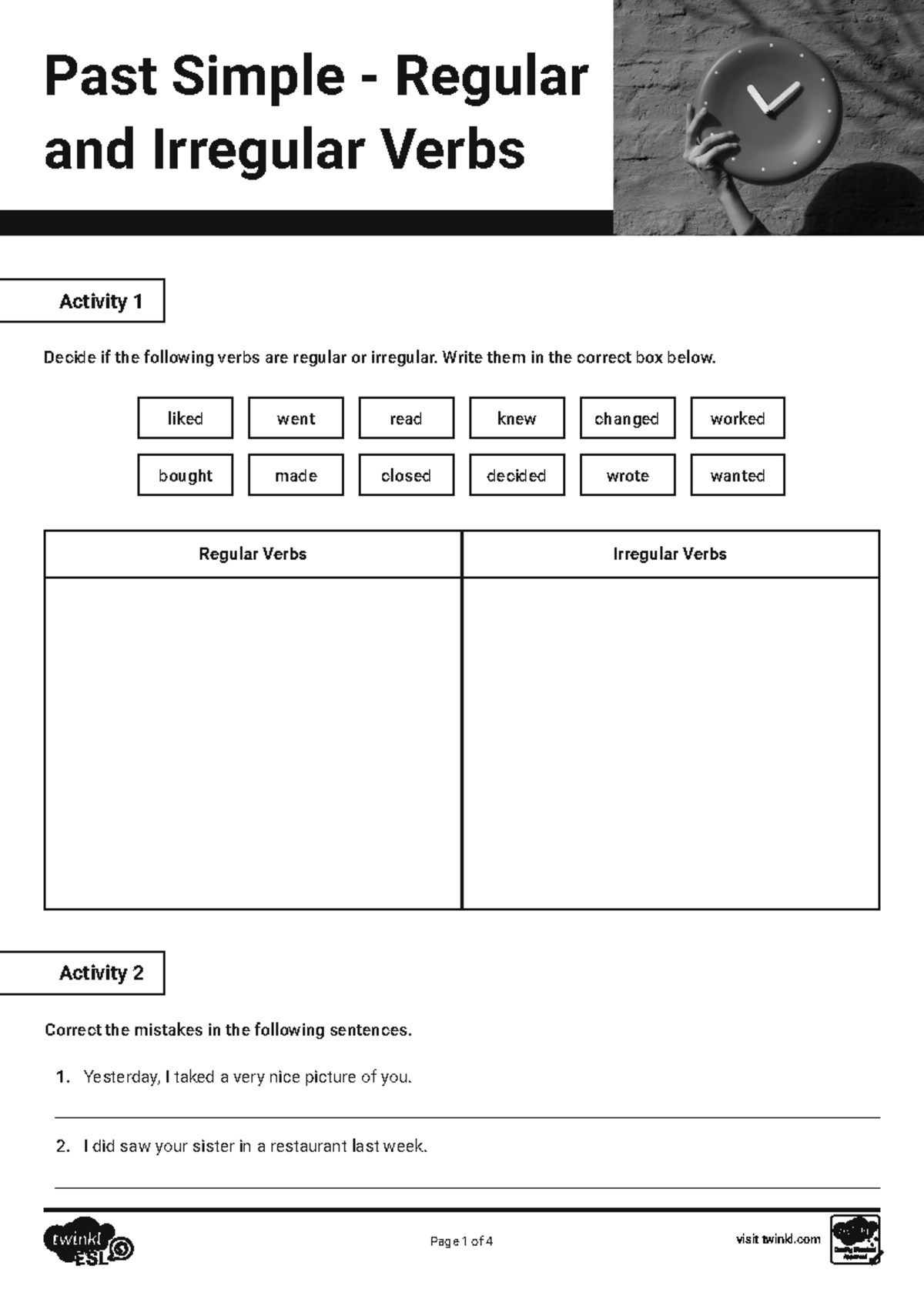 T-1718300123 Past Simple Regular & Irregular Verbs Activities for ...