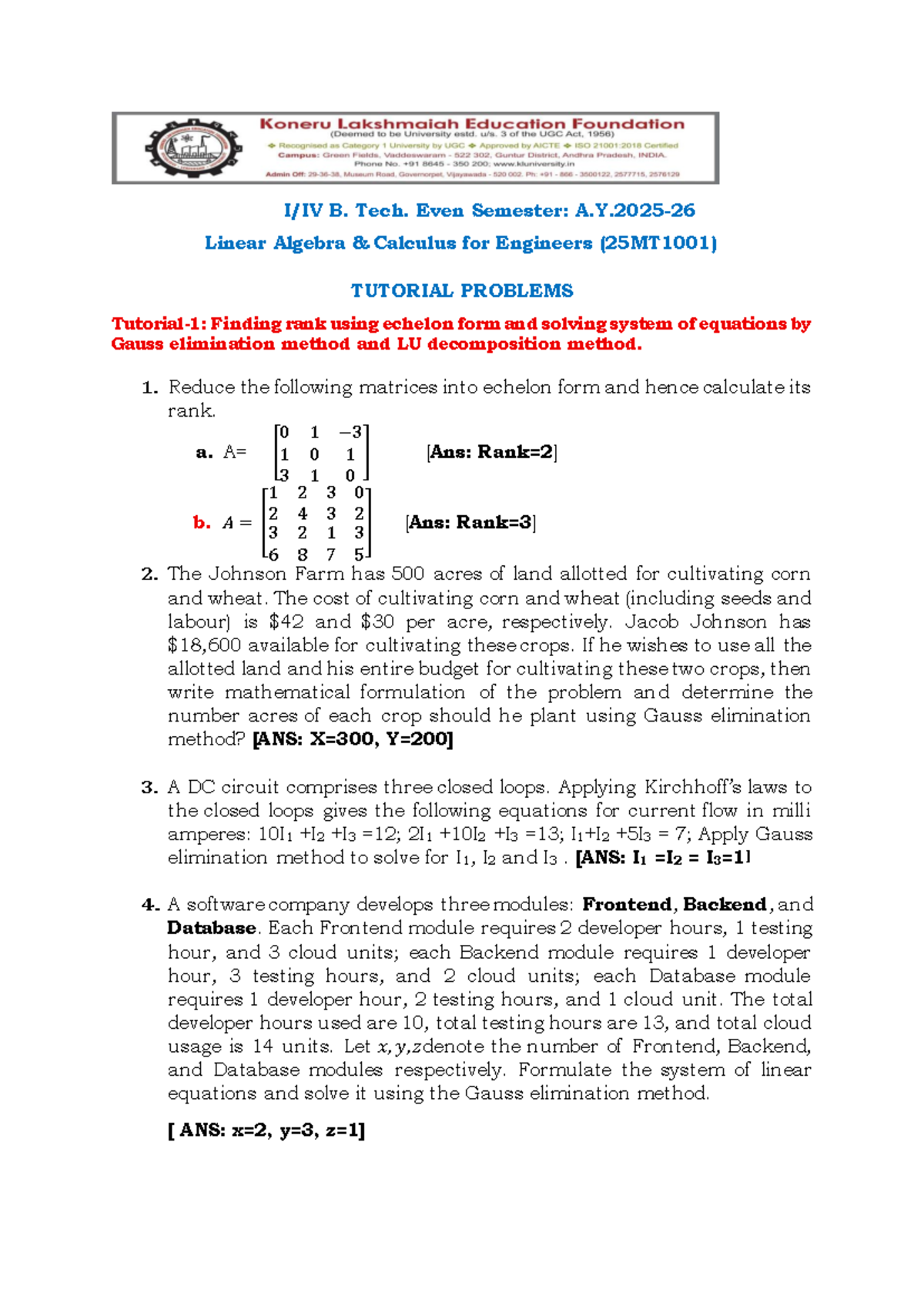B. Tech. (25MT1001) Tutorial Problems: Echelon Form & Gauss Elimination ...
