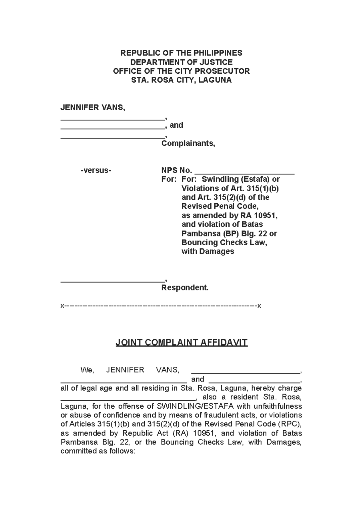 PROS- Joint Complaint Affidavit for Estafa & BP Blg. 22 Violations ...