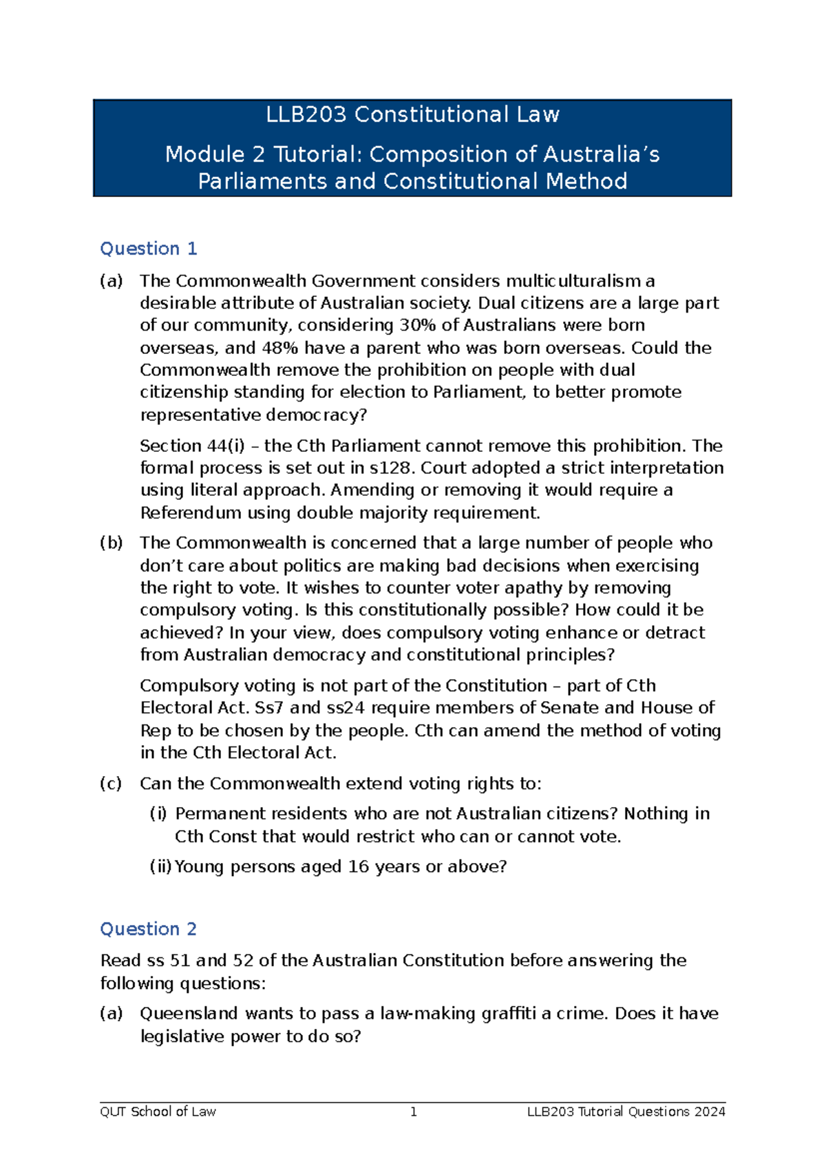 Module 2 Tutorial Questions - Composition of Parliament and ...