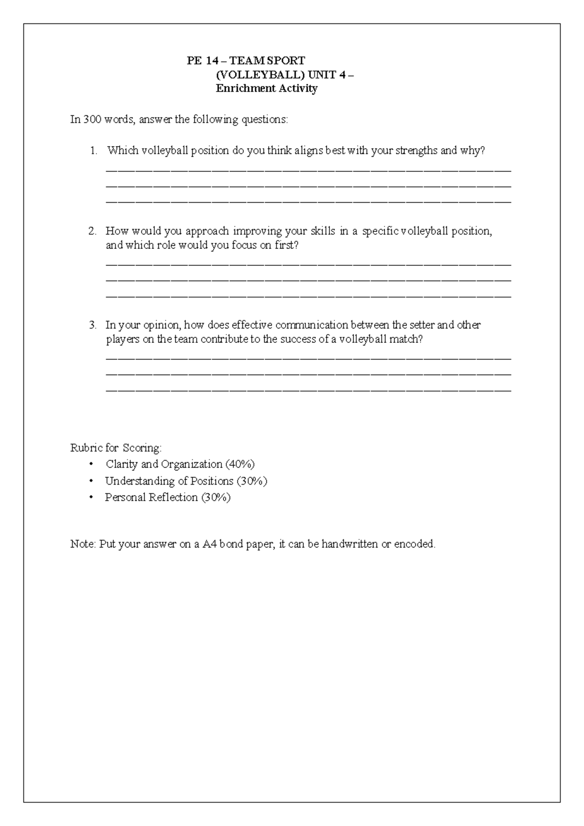 PE 14 - Unit 4 Enrichment Activity: Volleyball Position Reflection ...
