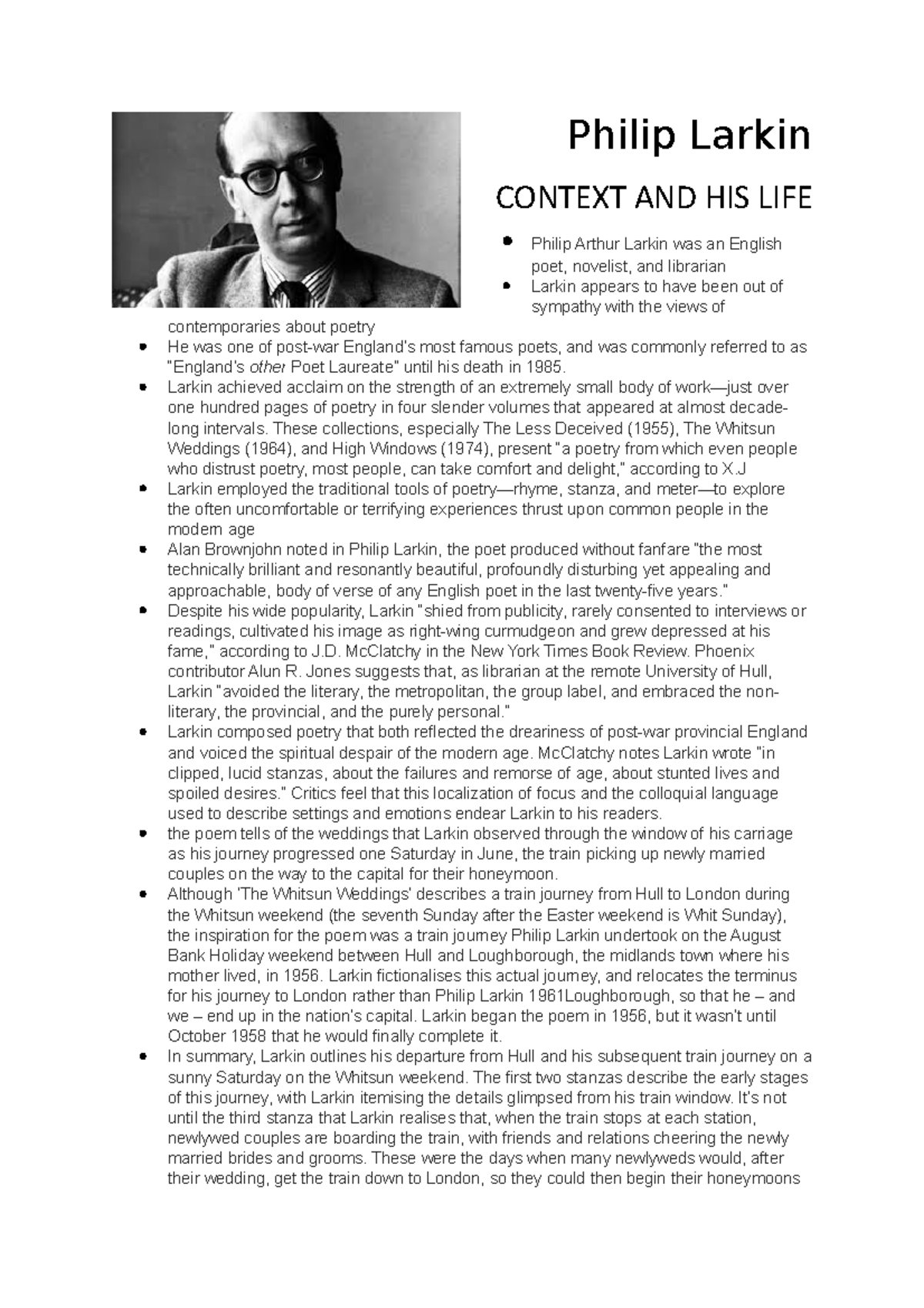 Philip Larkin fact file - Philip Larkin CONTEXT AND HIS LIFE Philip ...