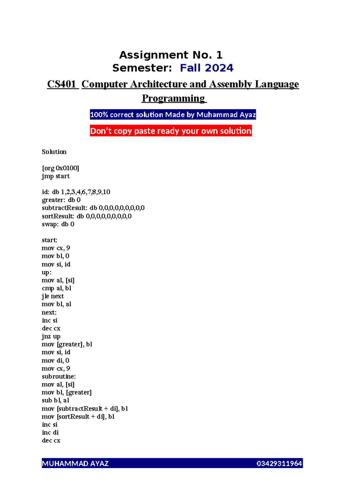 CS401 Assignment 1 Correct-Solution - Assignment No. 1 Semester: Fall 2024 CS401 Computer - Studocu