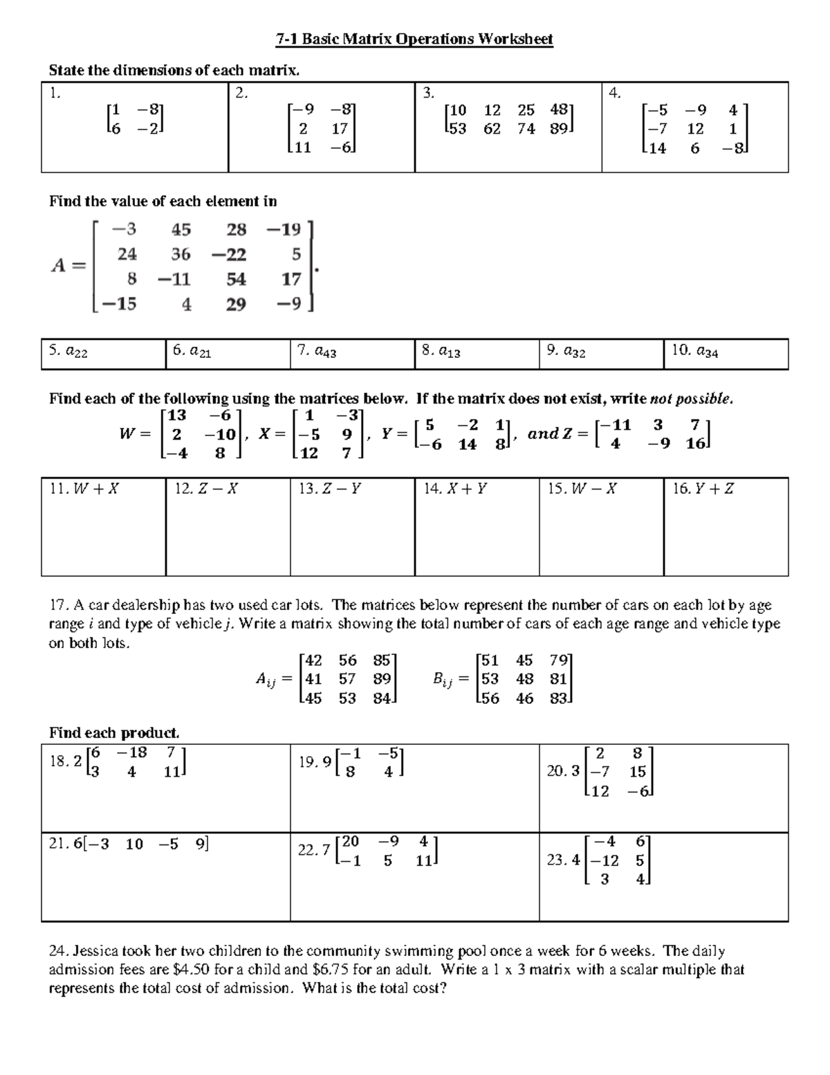 7-1 basic matrix operations worksheet - 7-1 Basic Matrix Operations Worksheet State the ...
