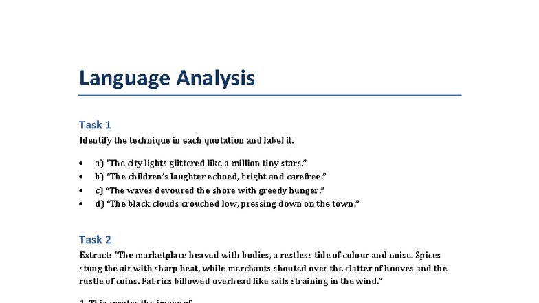 Year 10 Language Analysis Homework: Techniques & Descriptions - Studocu