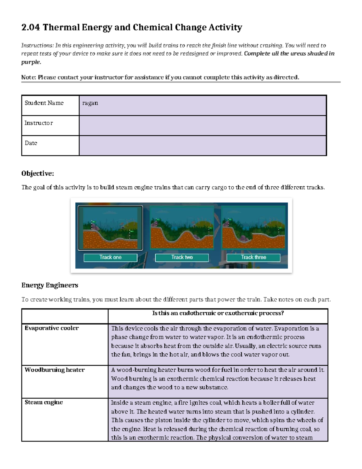 2.04 Thermal Energy & Chemical Change Activity Worksheet - Studocu