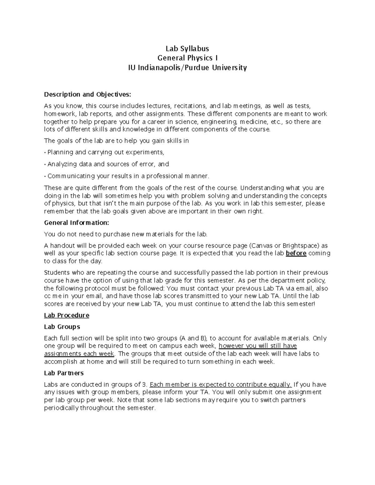 Resource 01 Mechanics Lab Syllabus - Lab Syllabus General Physics I IU ...