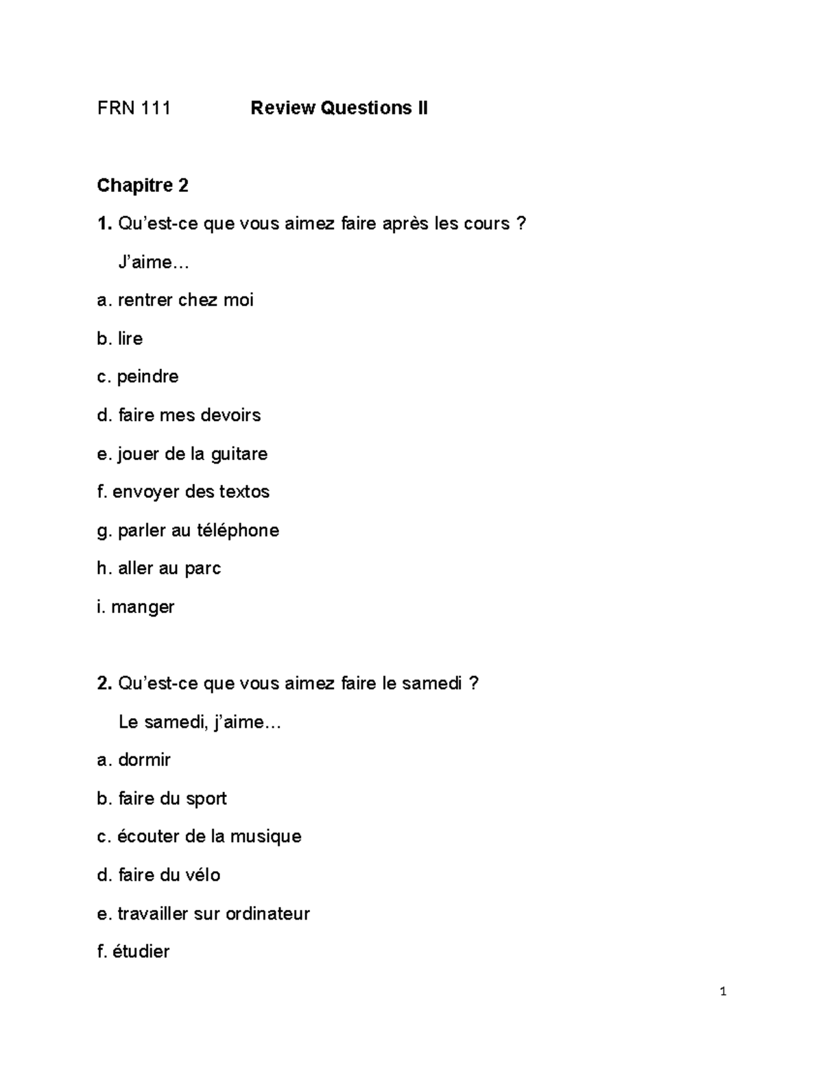 FRN 111 Review Questions II - Qu’est-ce que vous aimez faire après les ...