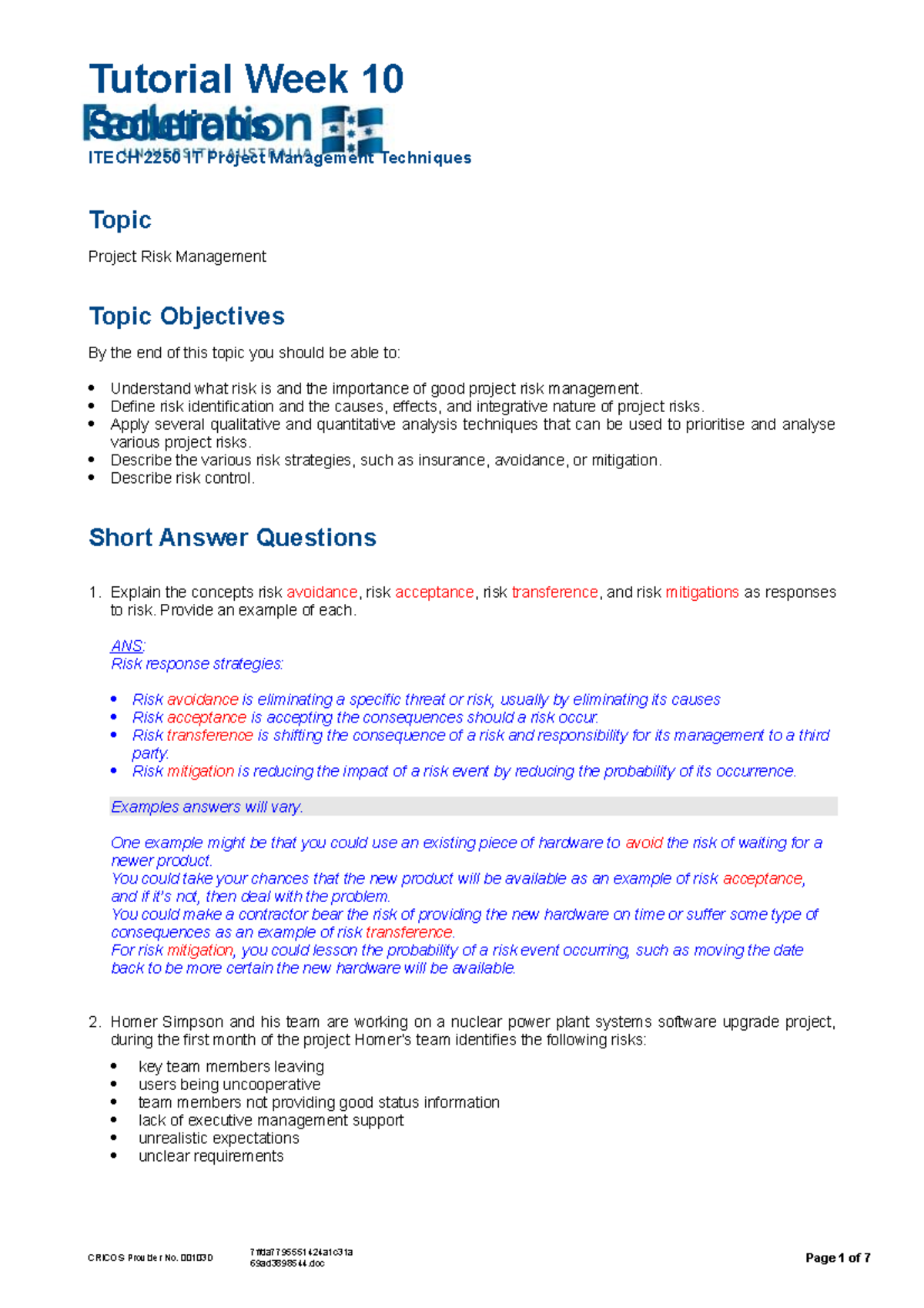 ITECH2250 tutorial 10 - Solutions ITECH 2250 IT Project Management ...