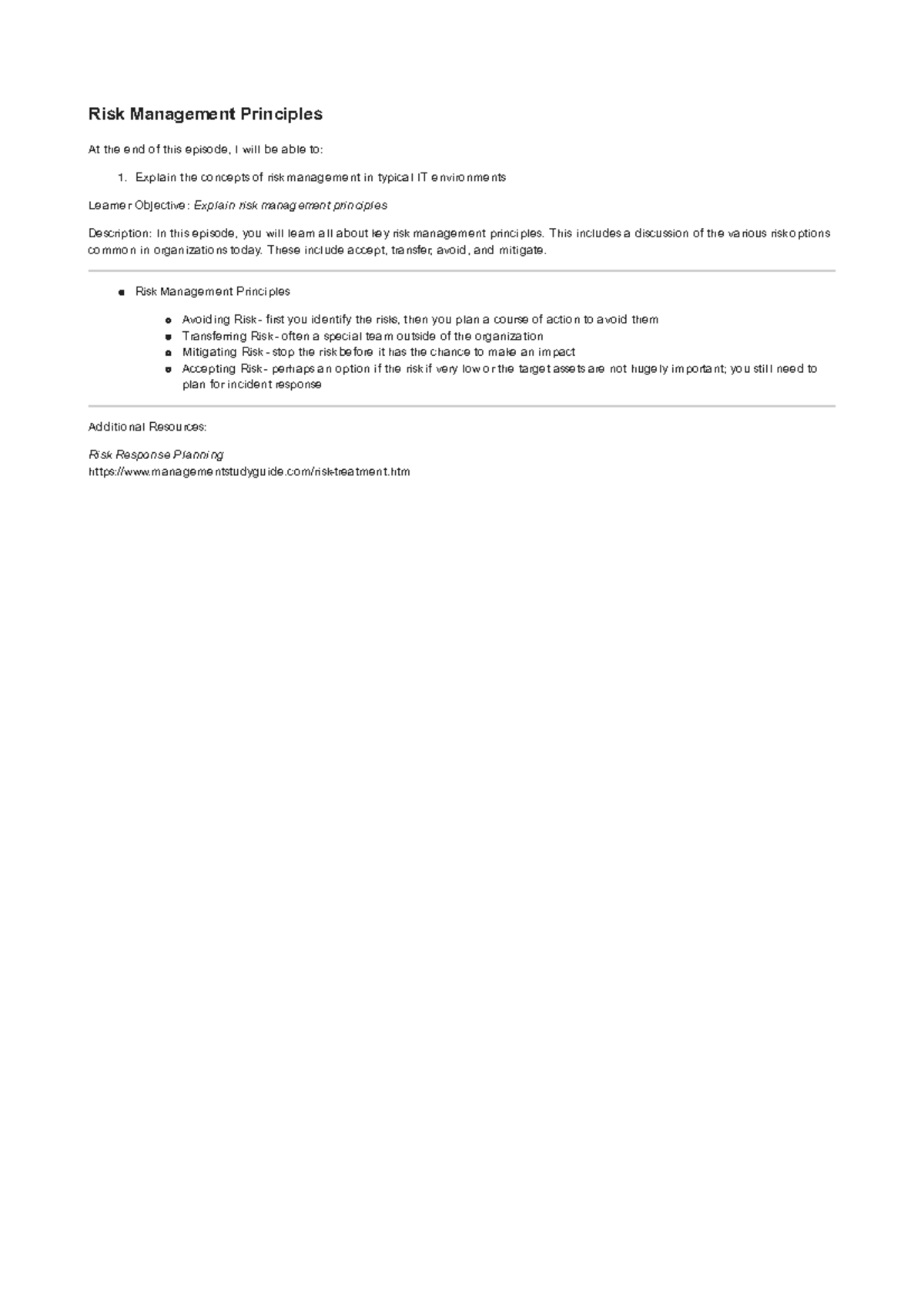 CompTIA CYSA2 Risk Management Principles Overview and Concepts - Studocu