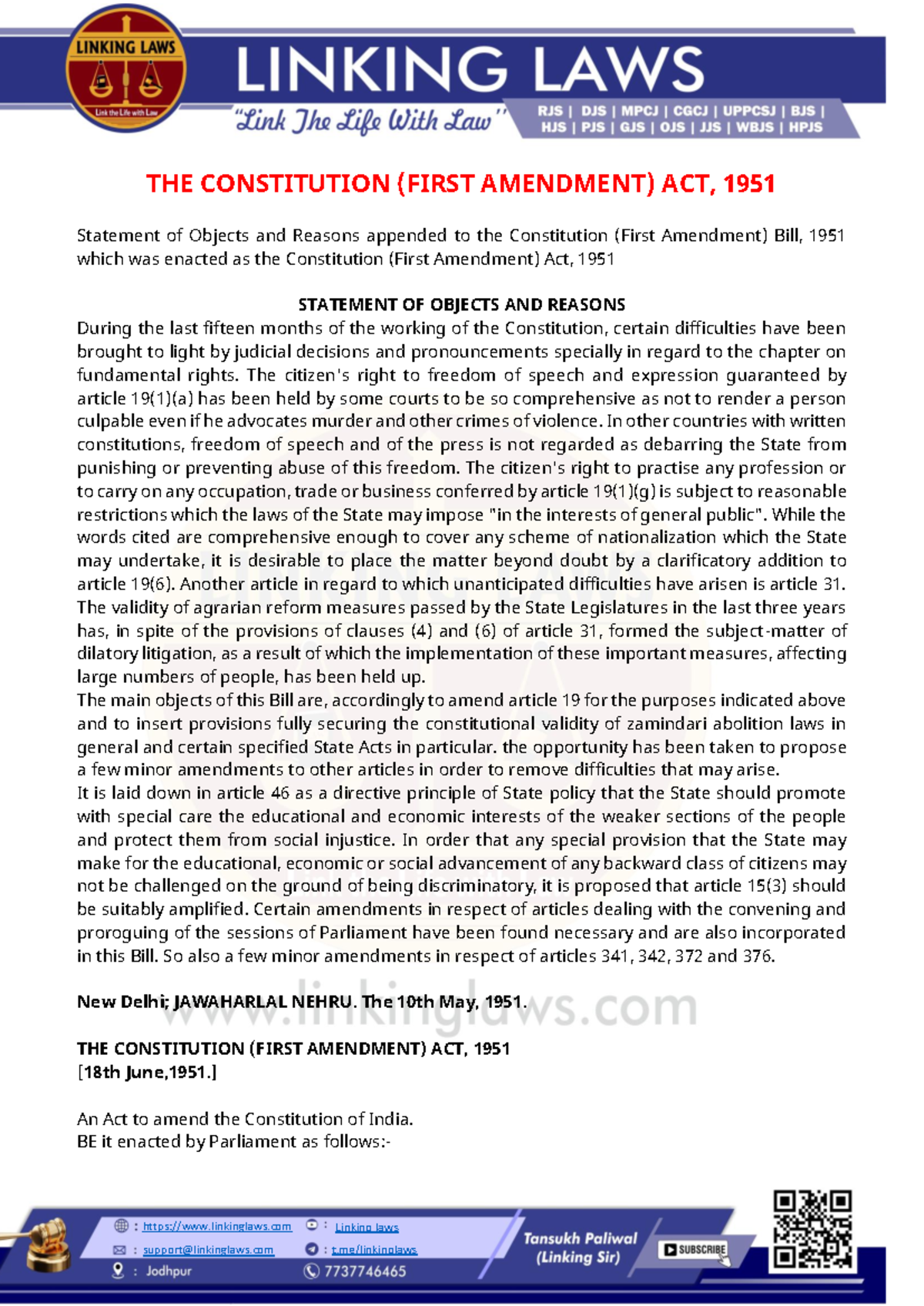 Constitution (First Amendment) Act, 1951 - Linking Laws Explained - Studocu