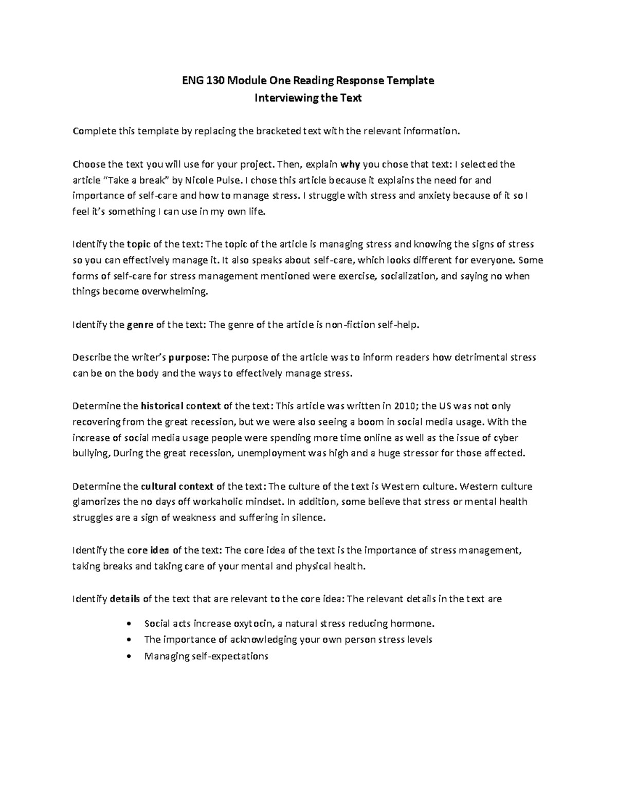 Eng 130 short paper - ENG 130 Module One Reading Response Template ...