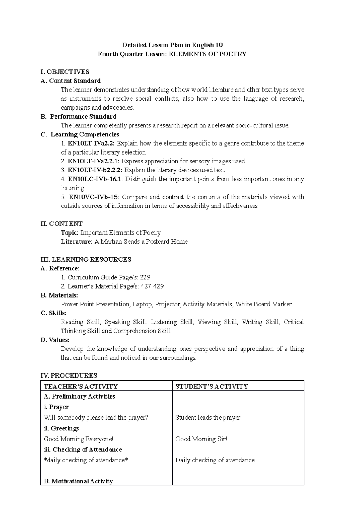 Elements of a Poetry - Detailed Lesson Plan in English 10 Fourth ...