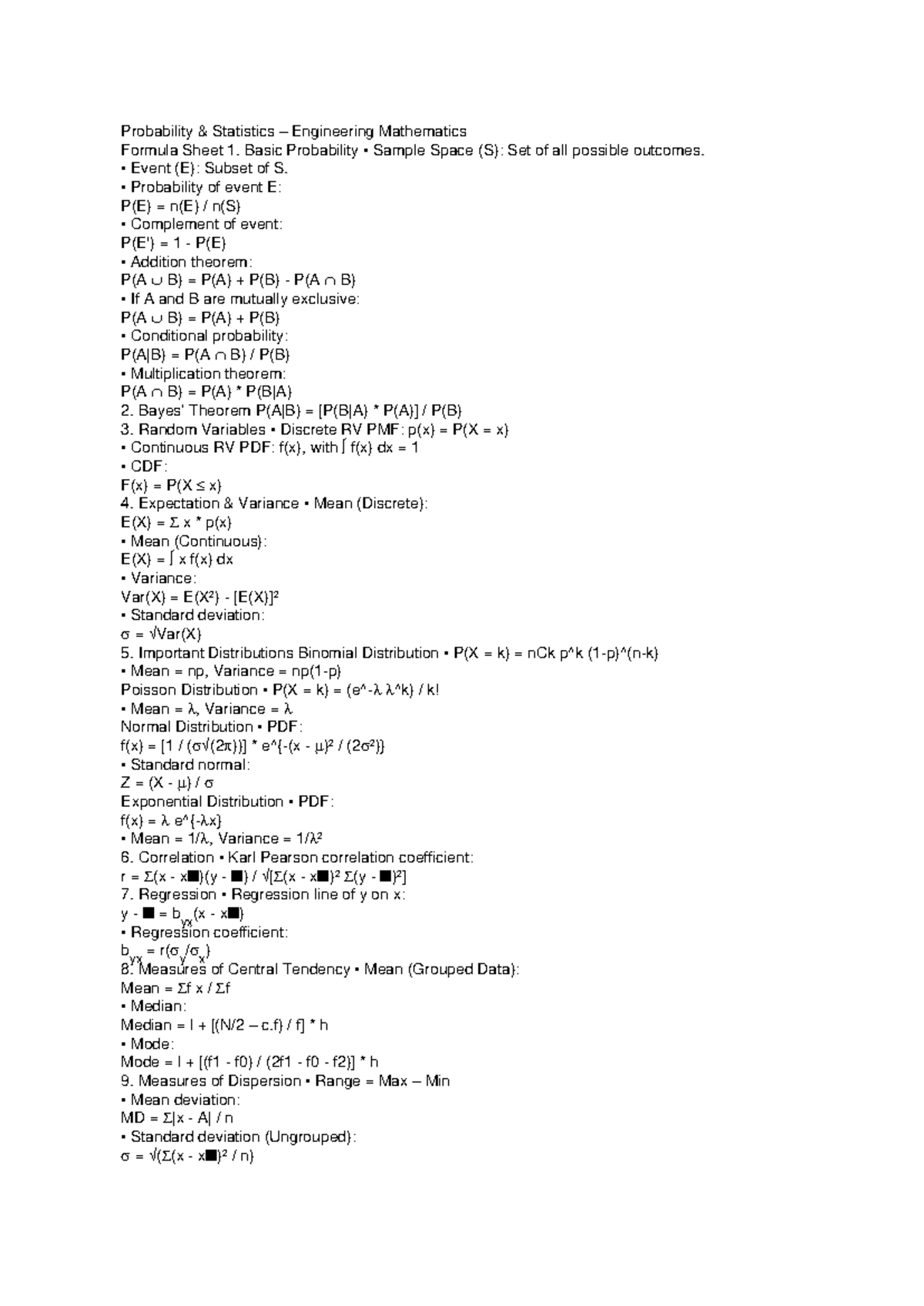 Probability Statistics Engineering Mathematics Formula Sheet - Studocu