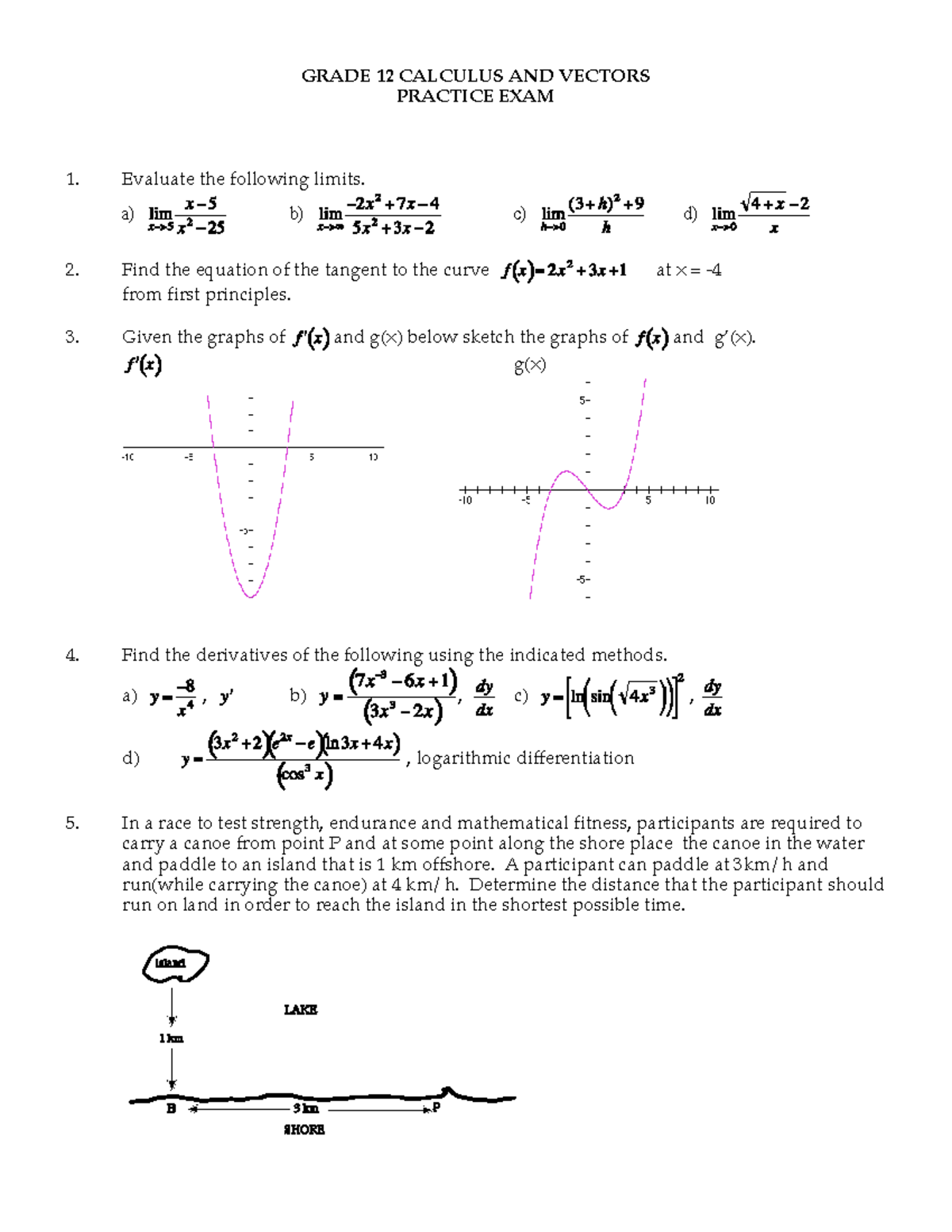 Grade 12 calculus and vectors practice exam June 2015 - Studocu