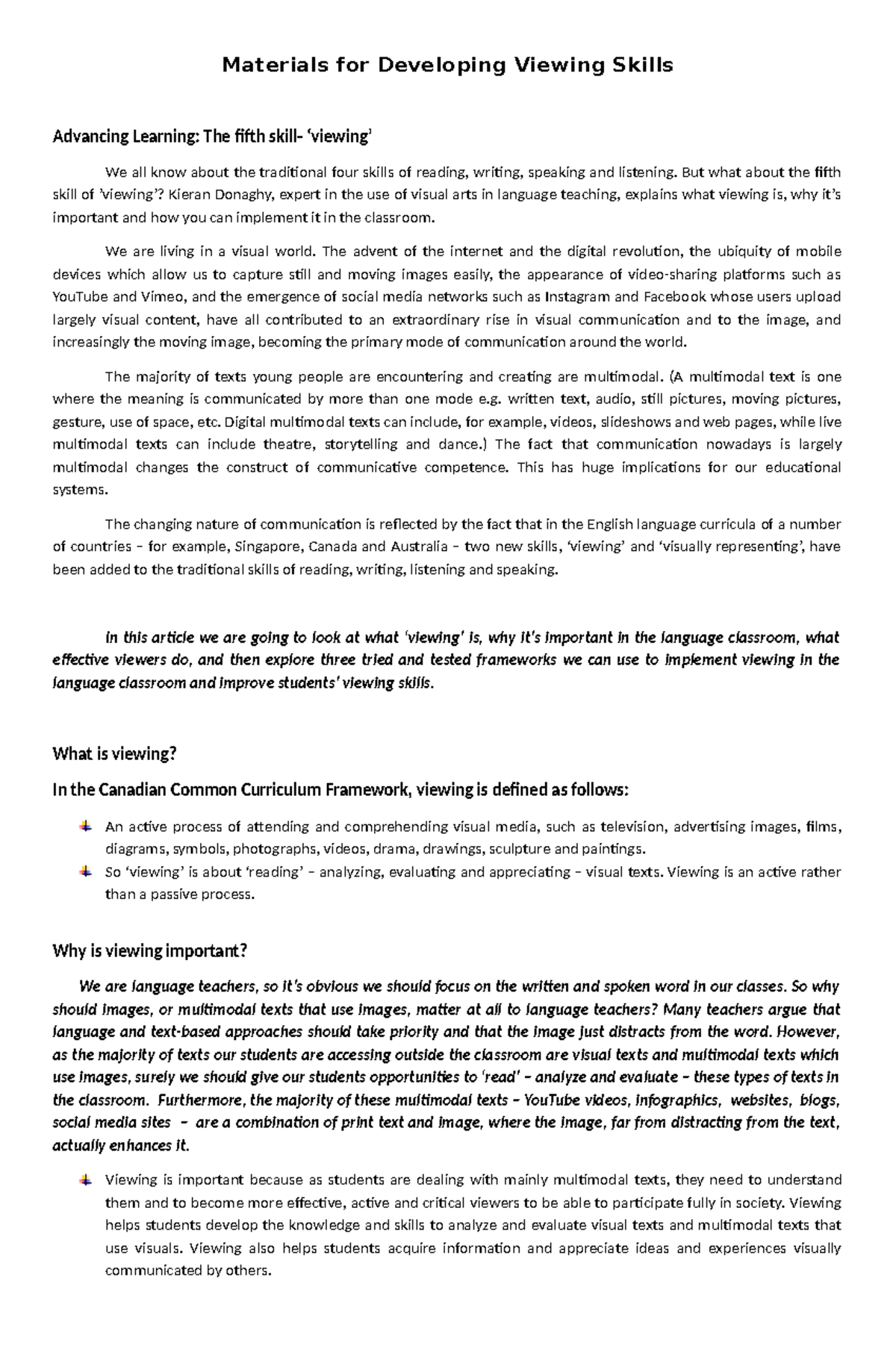 Developing Viewing Skills: Essential Materials for Educators - Studocu