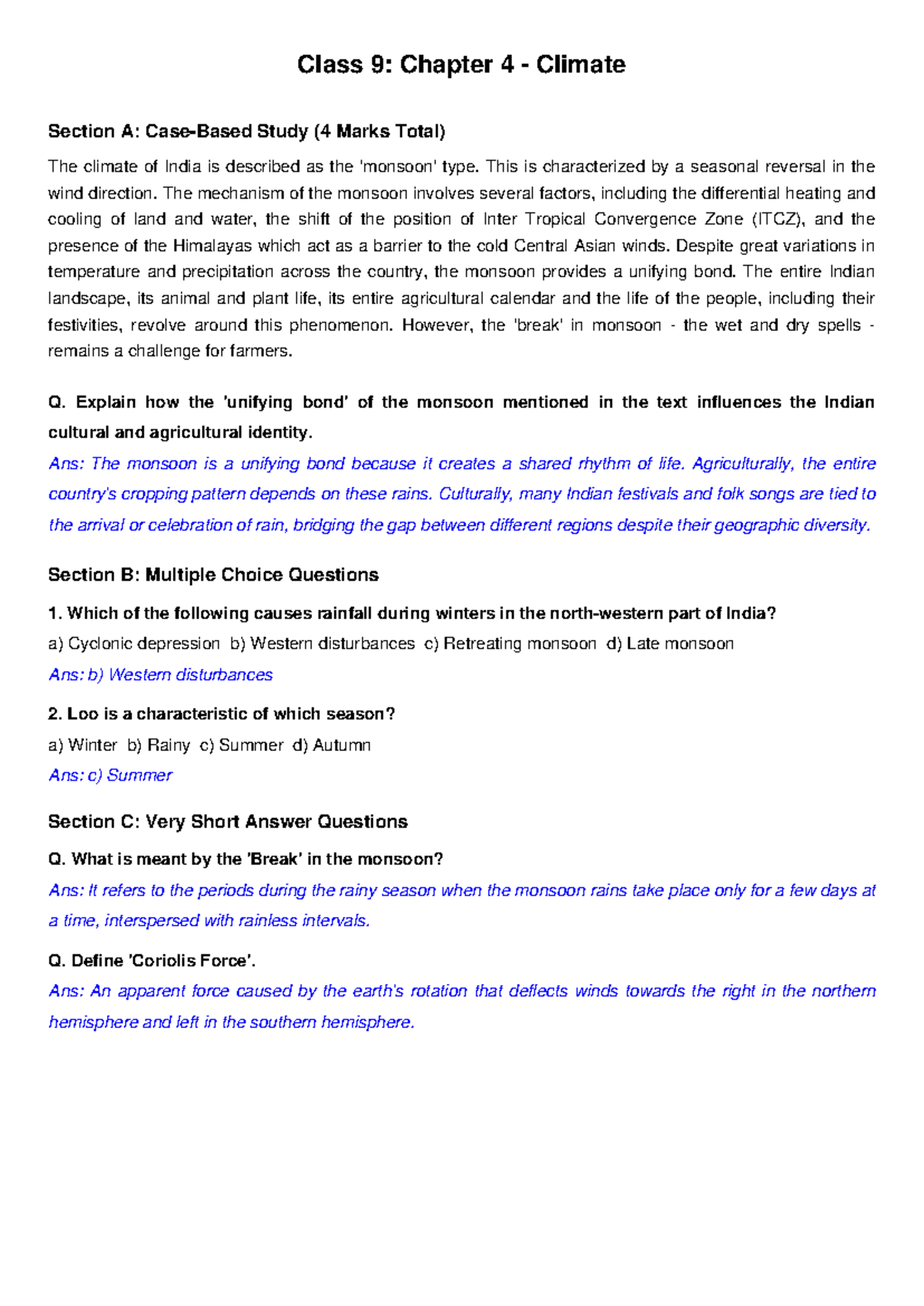 Class 9: Chapter 4 Climate Exam Prep Notes and MCQs - Studocu