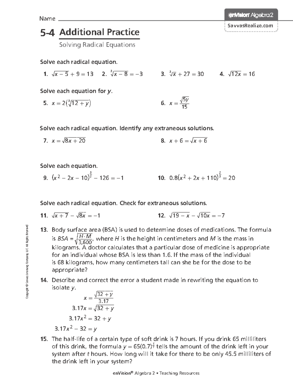 Algebra 2: 5-4 Additional Practice on Radical Equations - Studocu