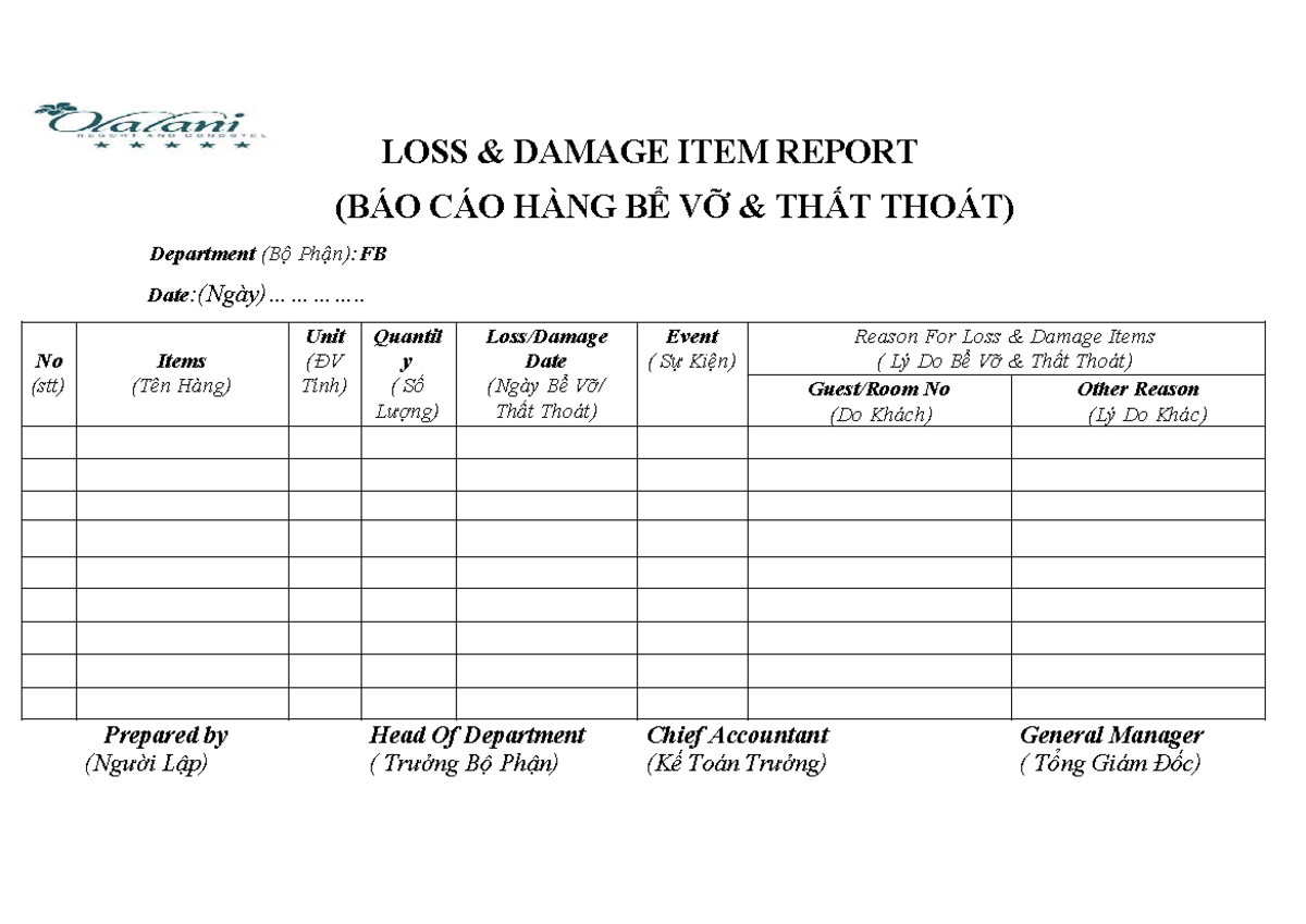 Bể vỡ - ccccccccccccc - LOSS & DAMAGE ITEM REPORT (BÁO CÁO HÀNG BỂ VỠ ...