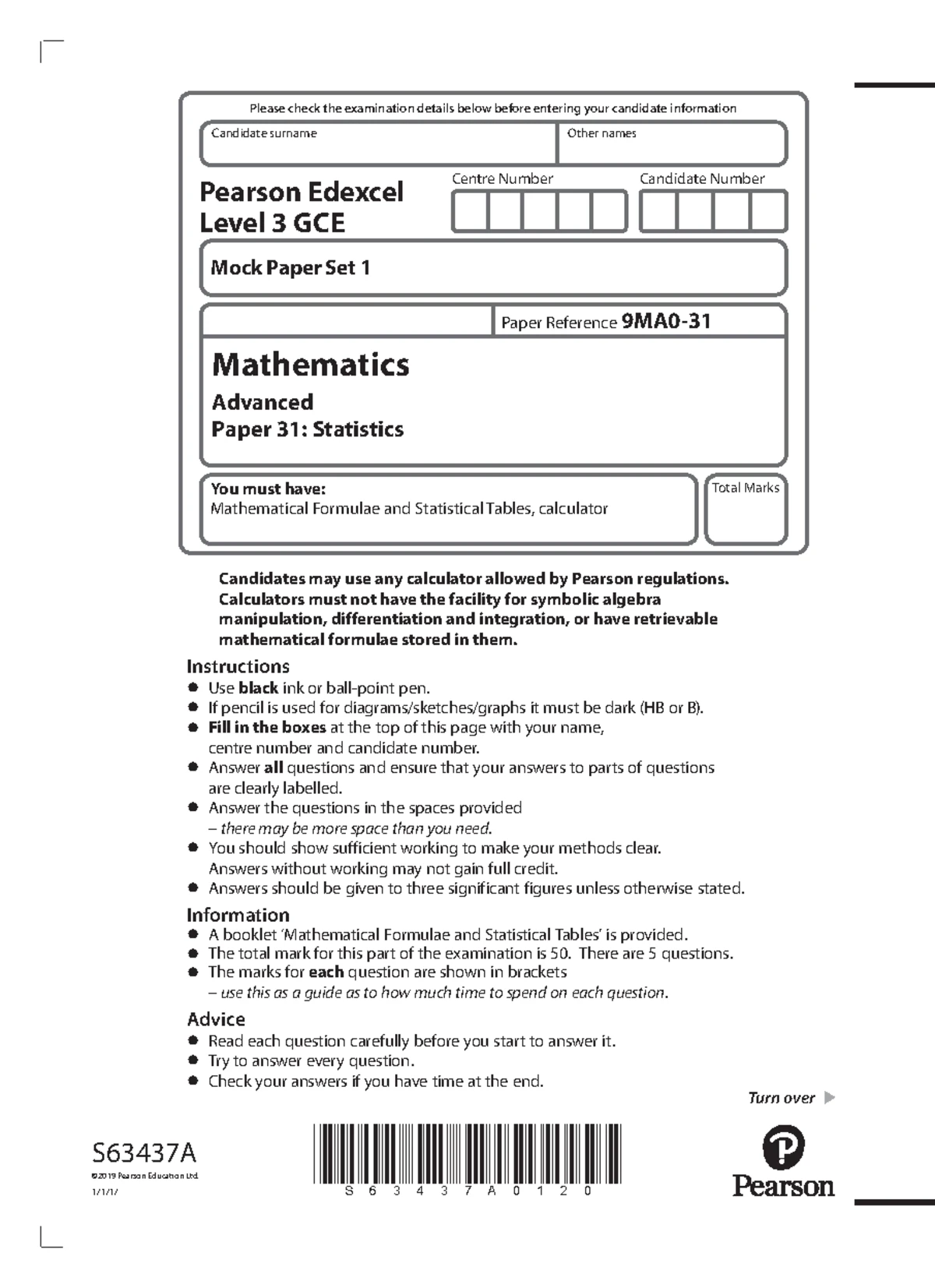 0s2 9MA0-01 Pure 1 - Mock Set 2 mark scheme (pdf) - Mark Scheme Mock ...