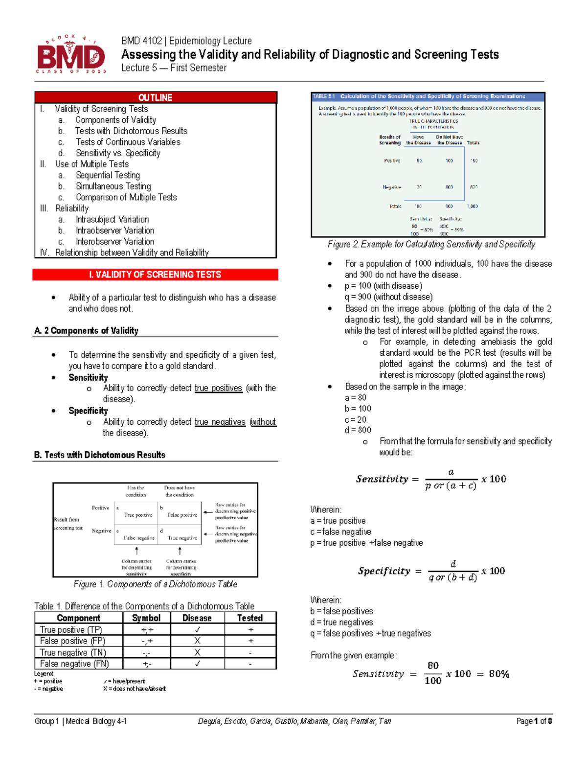 BMD 4102: Lecture 5 - Validity & Reliability of Diagnostic Tests - Studocu