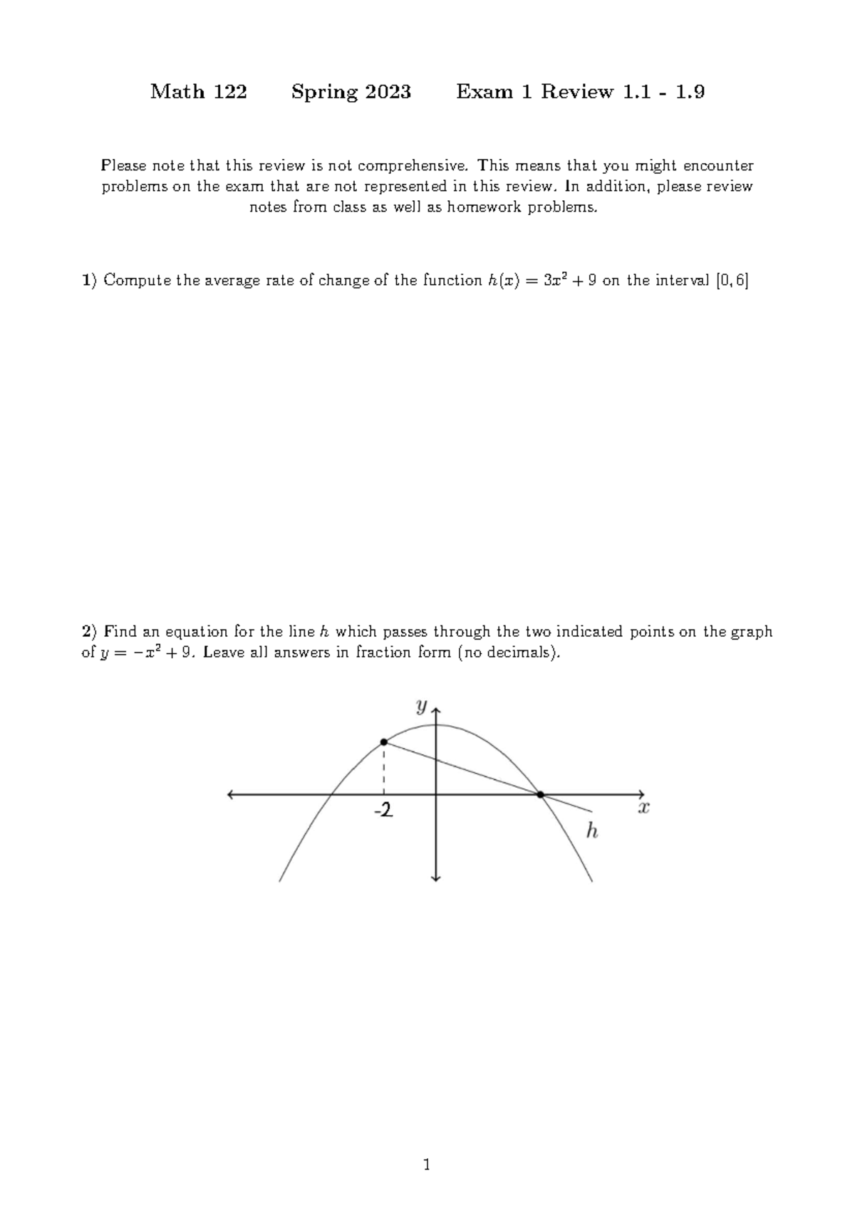 Math 122 Spring 2023 Exam 1 Review Worksheet S23 - Studocu
