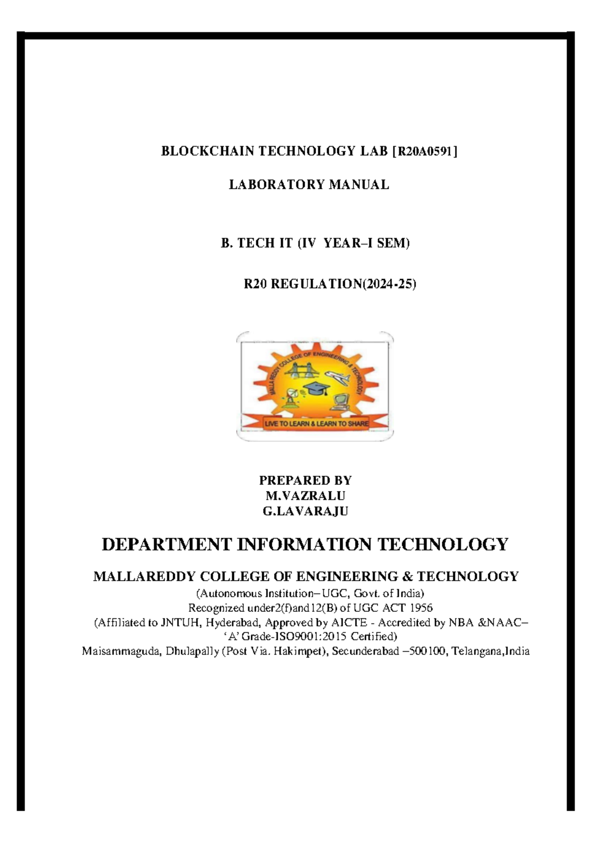 IT (R20) 4-1 Blockchain Technology Lab Manual 2024-25 - Studocu