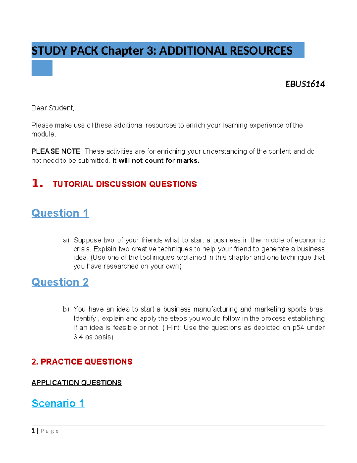 EBUS1614 Tutorial Questions - Chapter 3 - STUDY PACK Chapter 3 ...