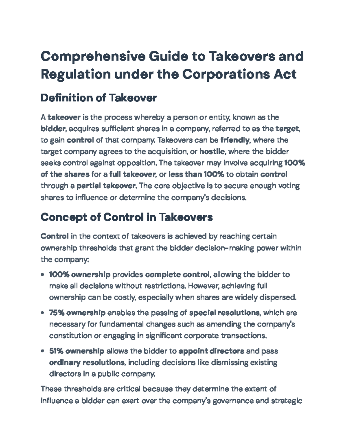 Comprehensive Overview of Takeover Regulations (Corporations Act) - Studocu