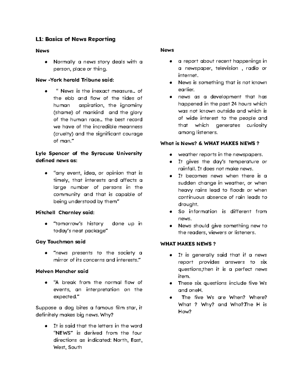 L1: News Reporting Basics: Understanding What Makes News - Studocu