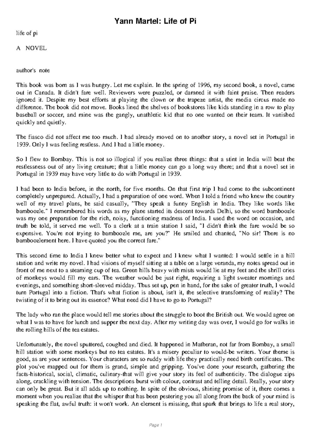Life of Pi: Full Text PDF and Author's Insights on Writing - Studocu