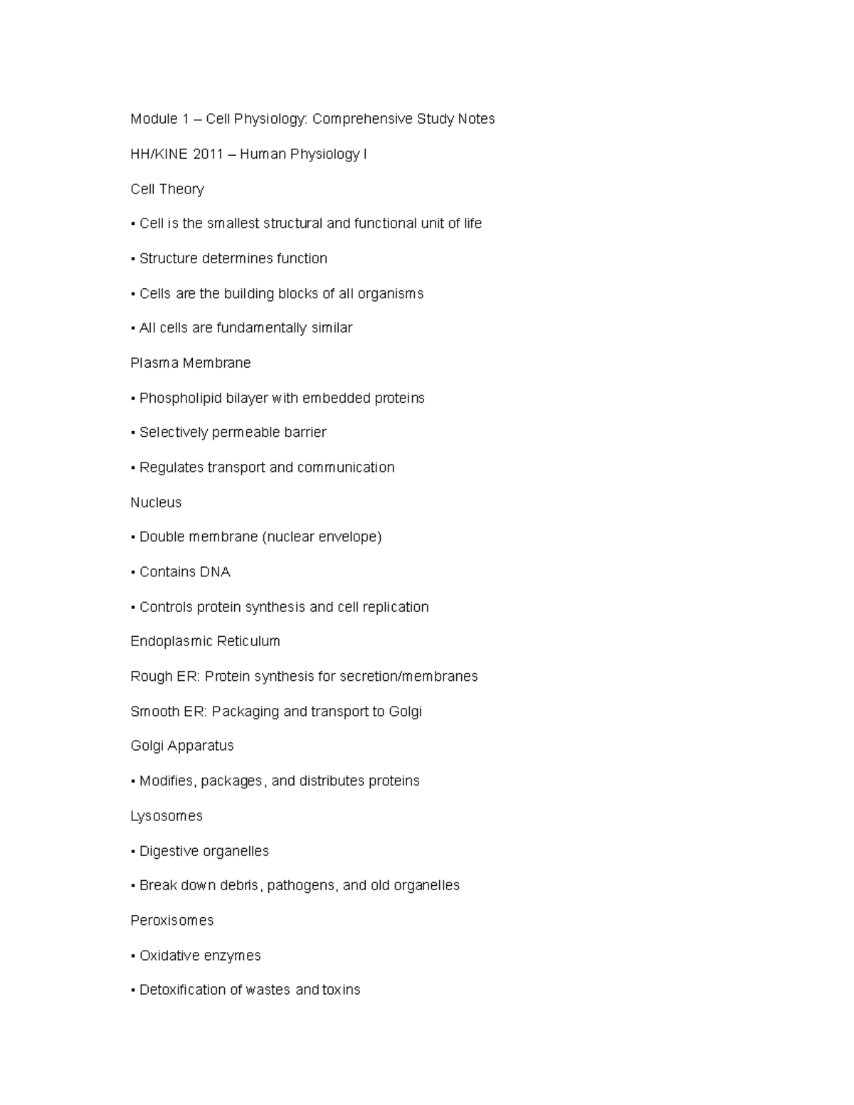 Human Physiology I (Module 1): Cell Physiology Study Notes - Studocu