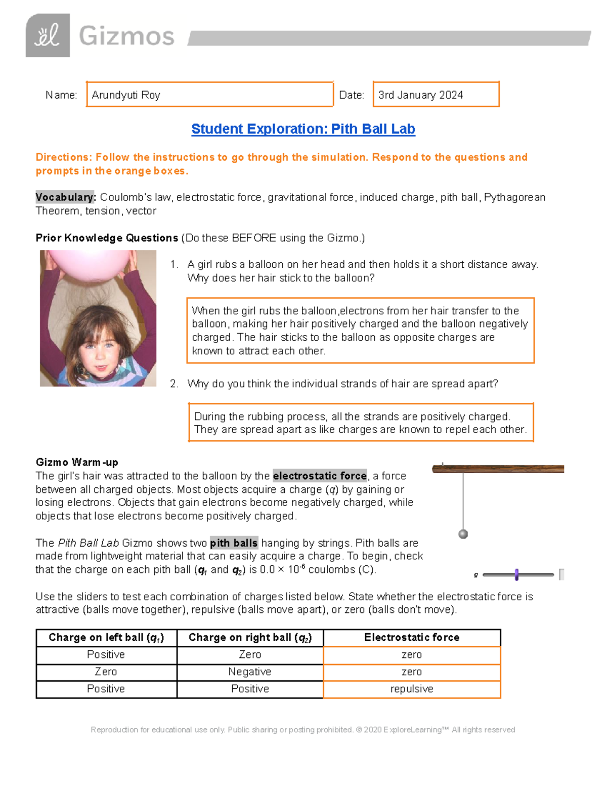 Pith Ball Lab - gizmos lab - Name: Arundyuti Roy Date: 3rd January 2024 ...