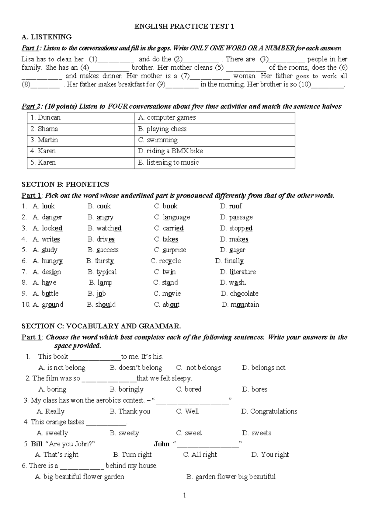 ENGLISH PRACTICE TEST 1A: LISTENING, PHONETICS, VOCAB & GRAMMAR - Studocu