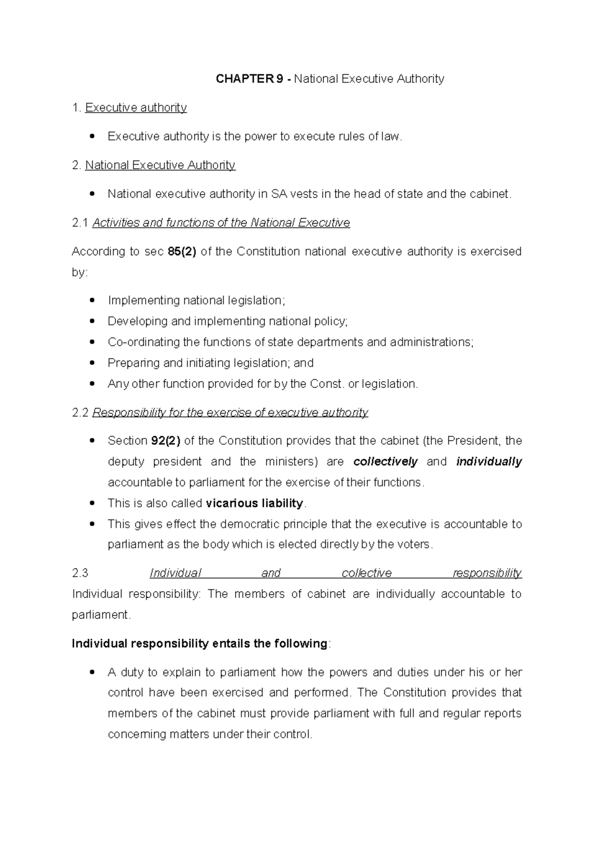 Chapter 9 - Understanding National Executive Authority in SA - Studocu