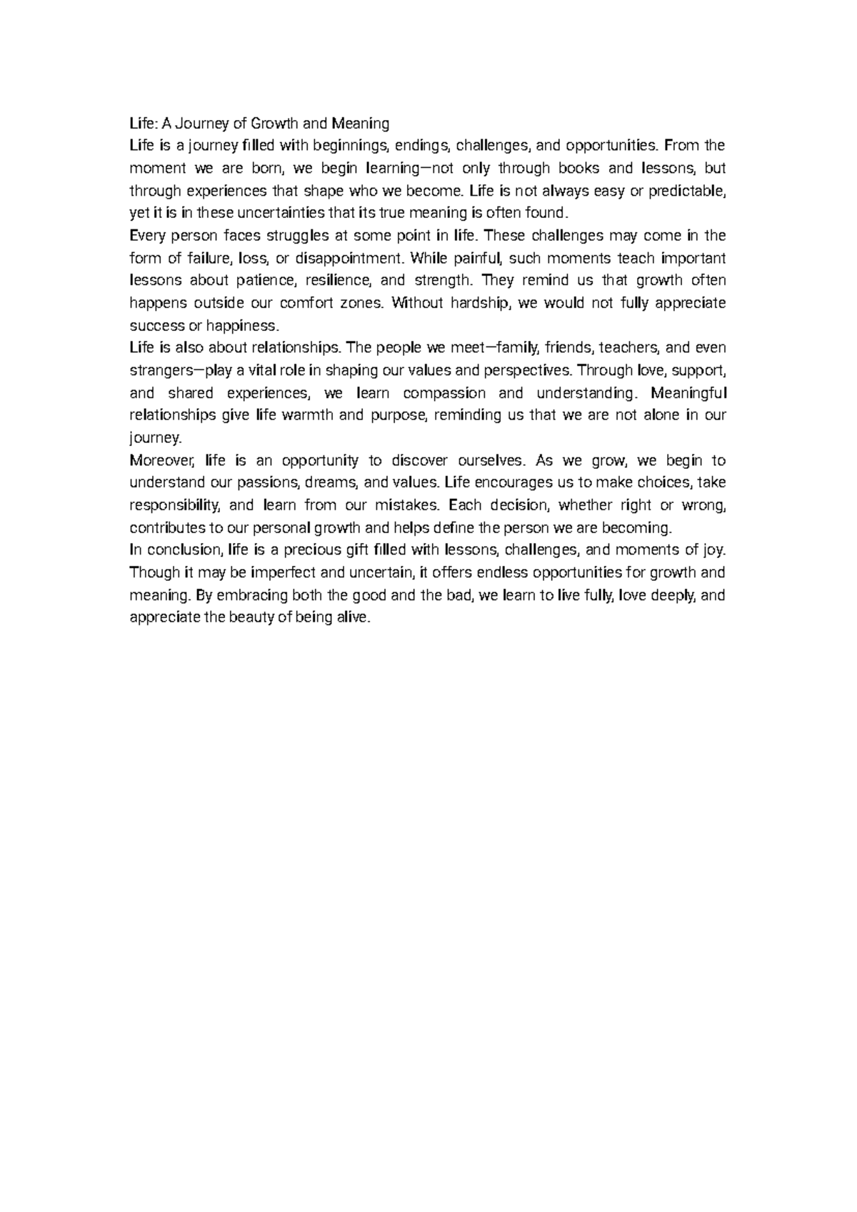 Life: A Journey of Growth and Meaning - Essay Notes - Studocu