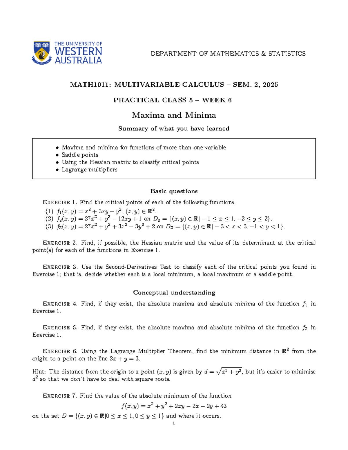 MATH1011: Week 6 Practical on Maxima & Minima in Multivariable Calculus - Studocu