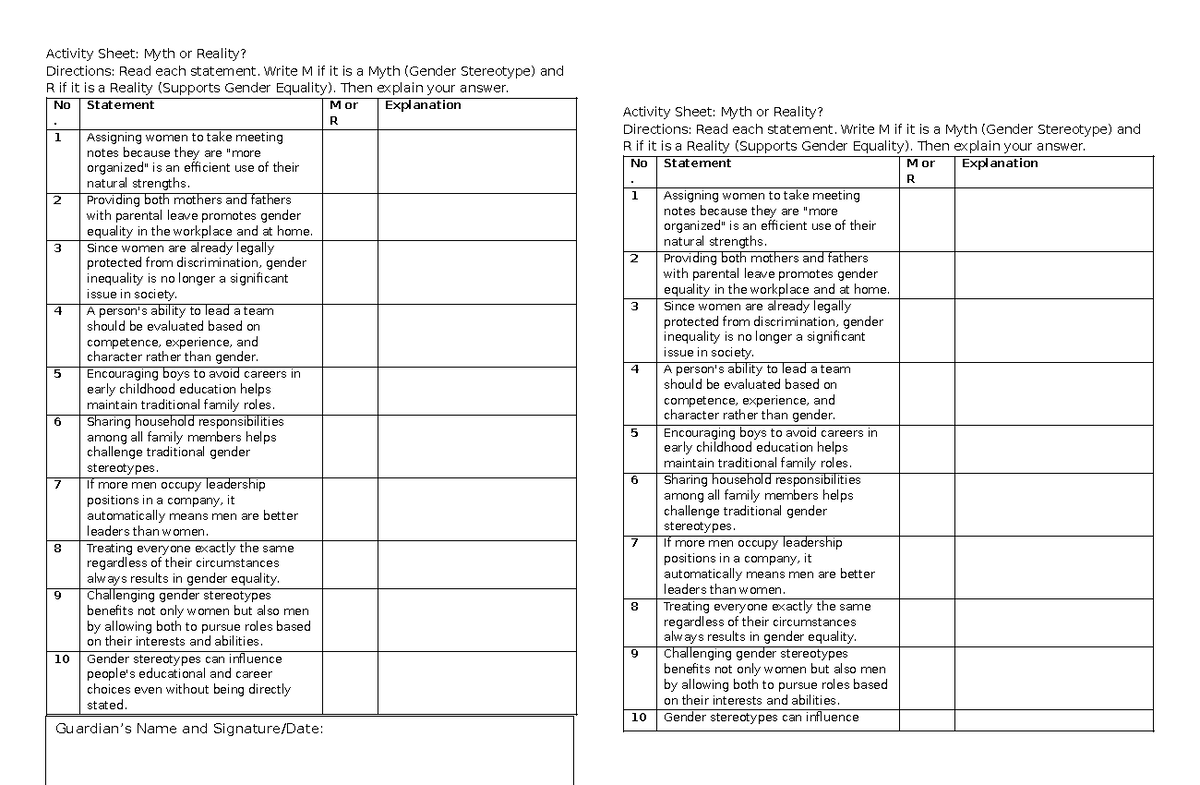 Activity Sheet: Myth or Reality? Gender Stereotypes Analysis (Session 3 ...