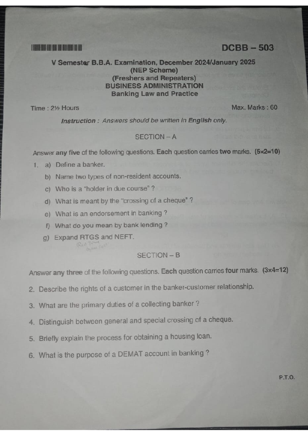 B.B.A. 503 V Semester Exam: Banking Law & Practice Dec 2025 - Studocu