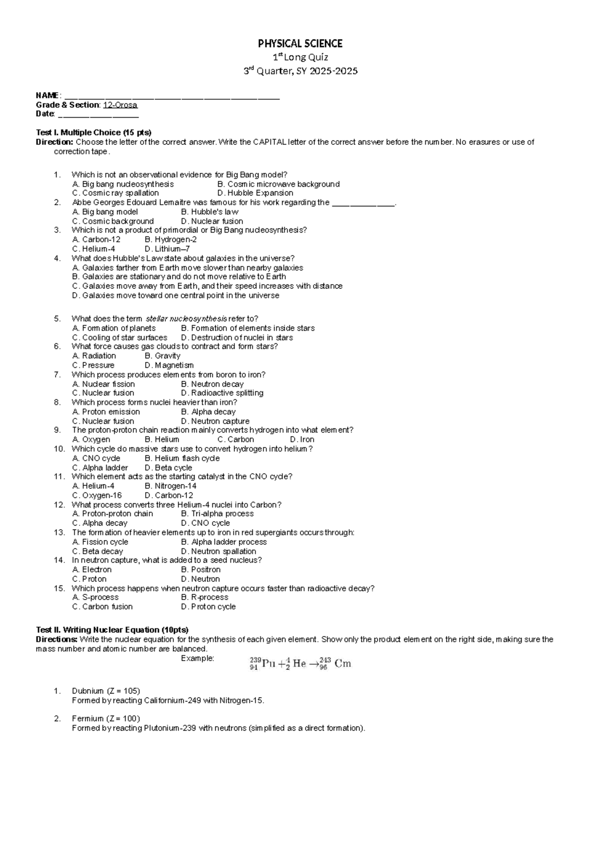 1st Long Quiz - PHYSICAL SCIENCE (Quiz) 3rd Quarter - Studocu