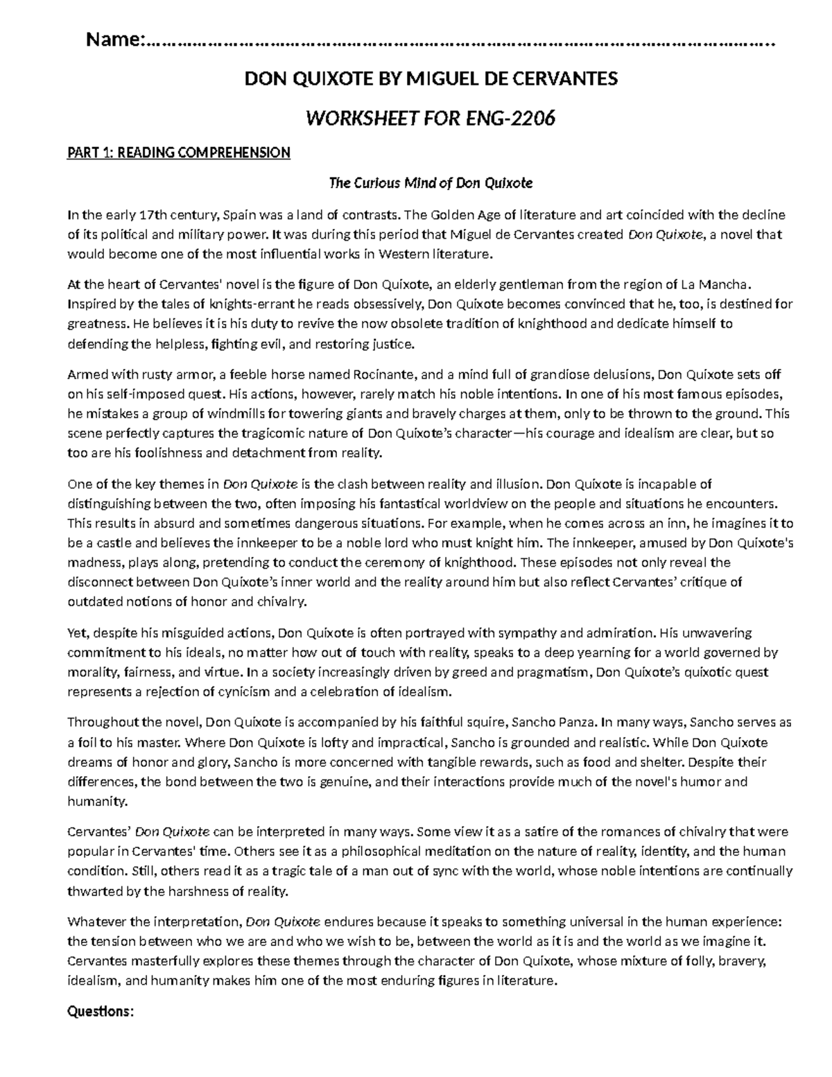 "ENG Worksheet on Don Quixote by Cervantes: Comprehension & Analysis ...