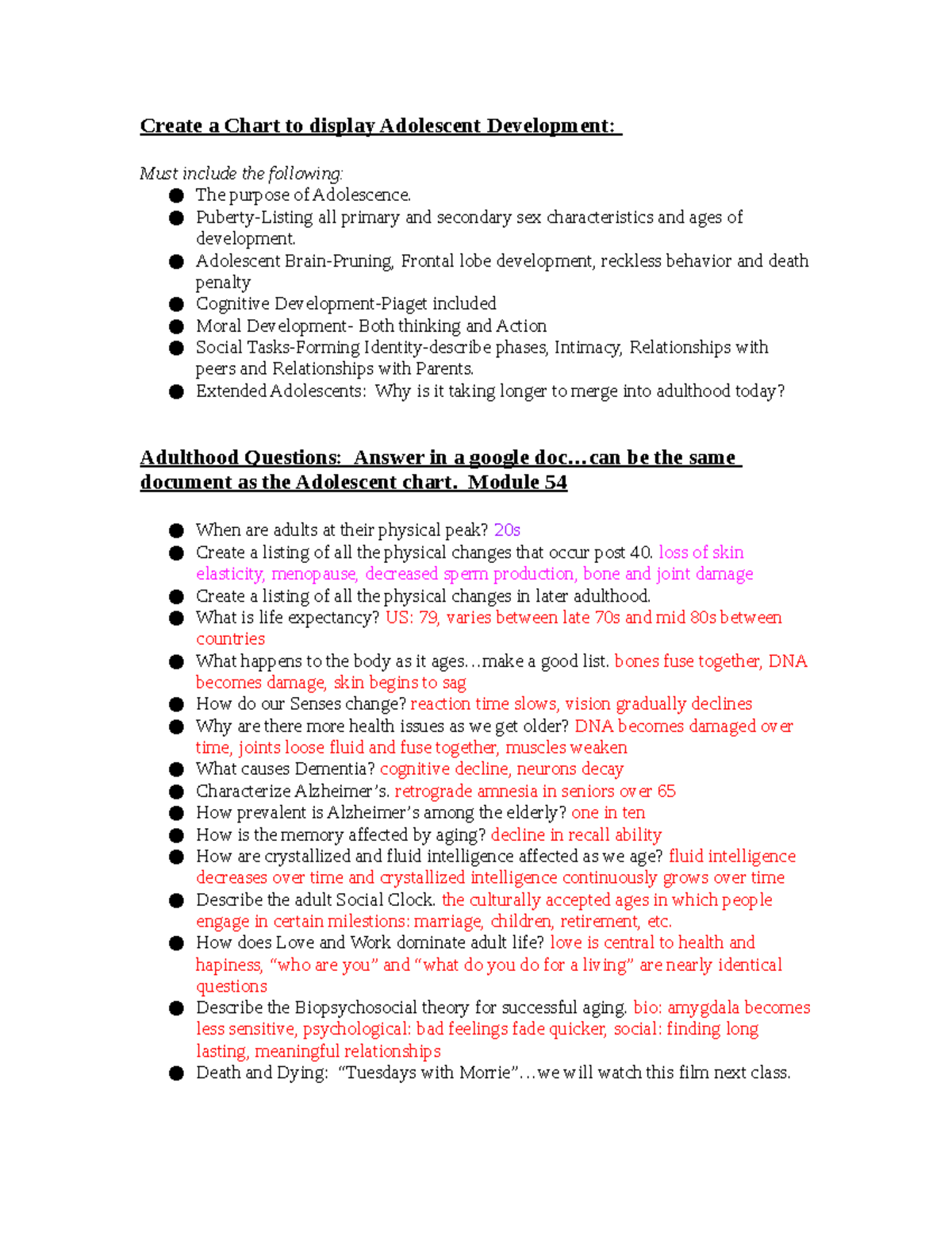 Developmental Psychology Worksheet: Adolescence to Adulthood (Mod 54 ...