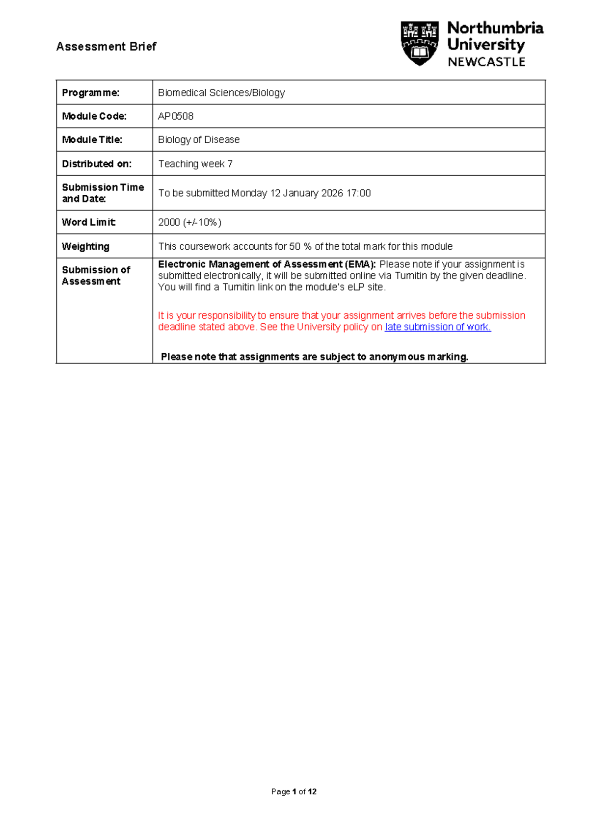 AP0508 Assessment Brief: Biology of Disease Coursework Guidelines - Studocu