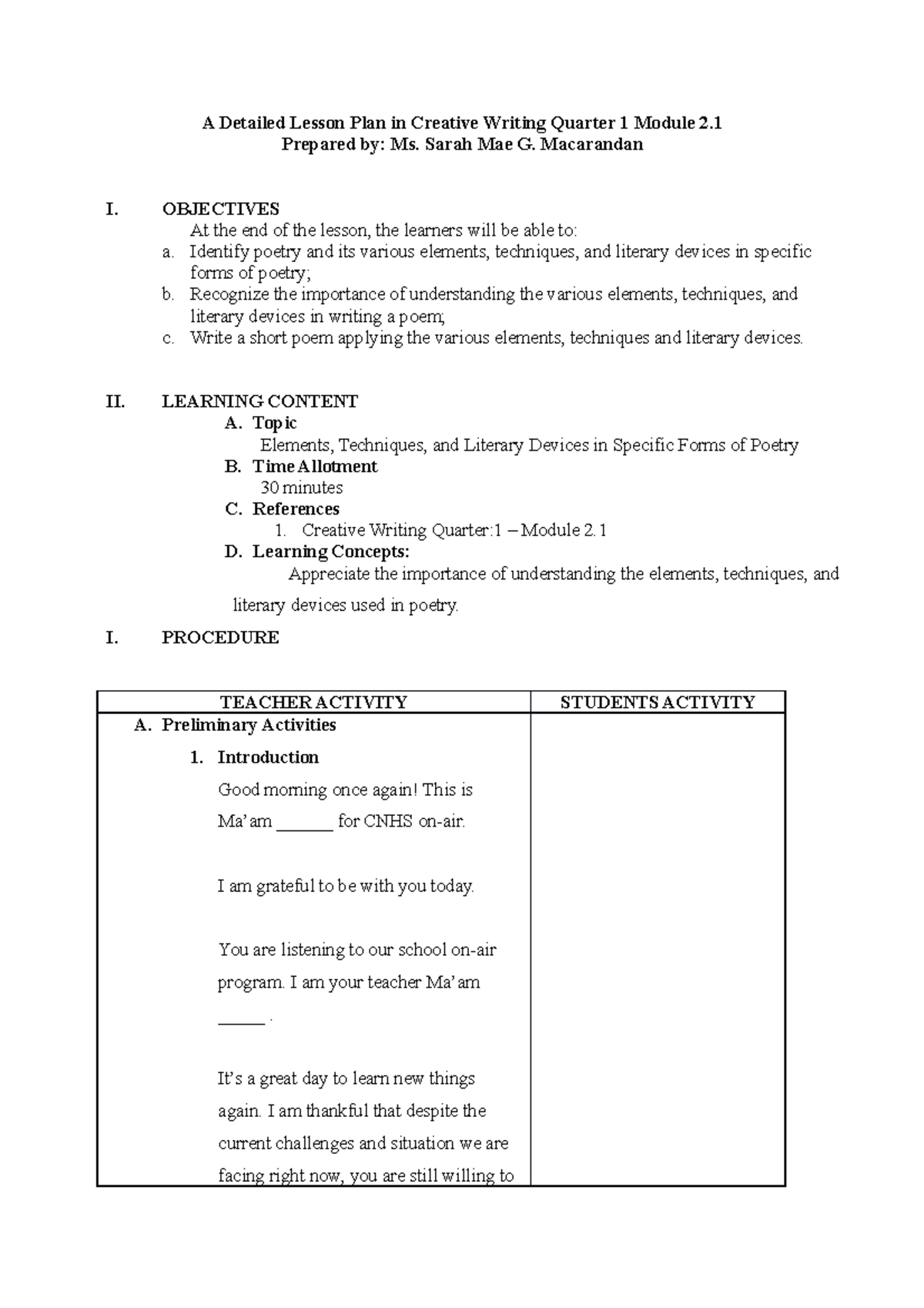 Creative Writing Lesson Plan: Elements & Devices in Poetry (Q1, M2 ...