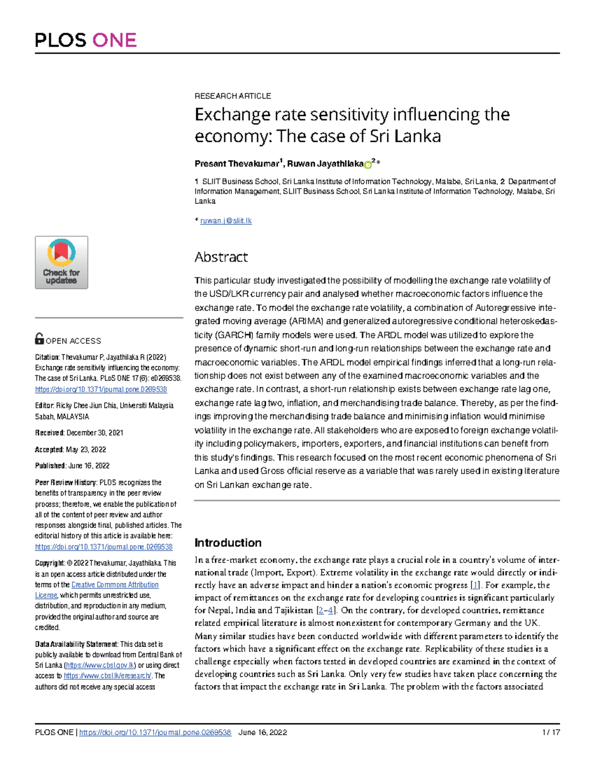 PLOS ONE Research Article: Exchange Rate Sensitivity and Economic ...