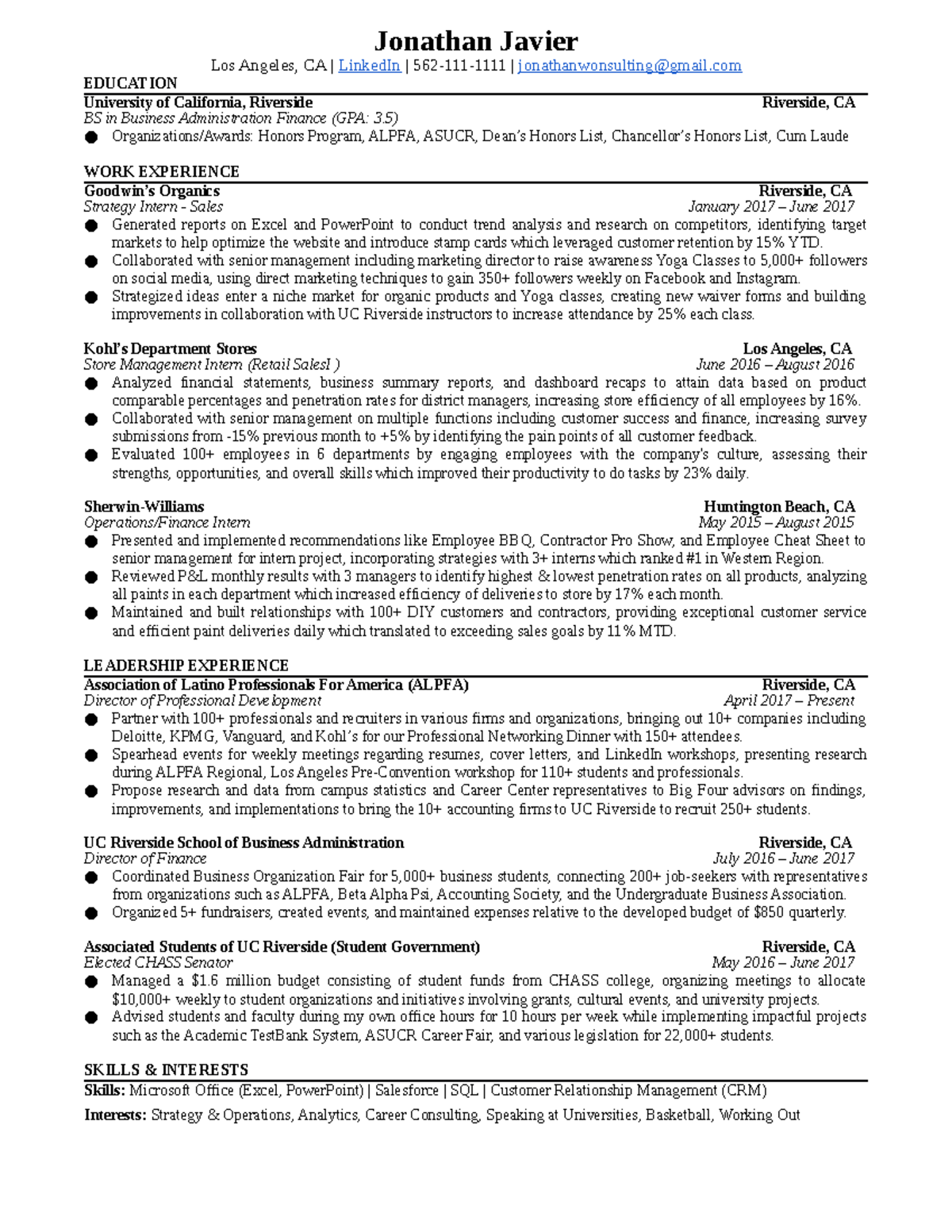 Jonathan Javier's Internship Resume - Business Admin (Example) - Studocu