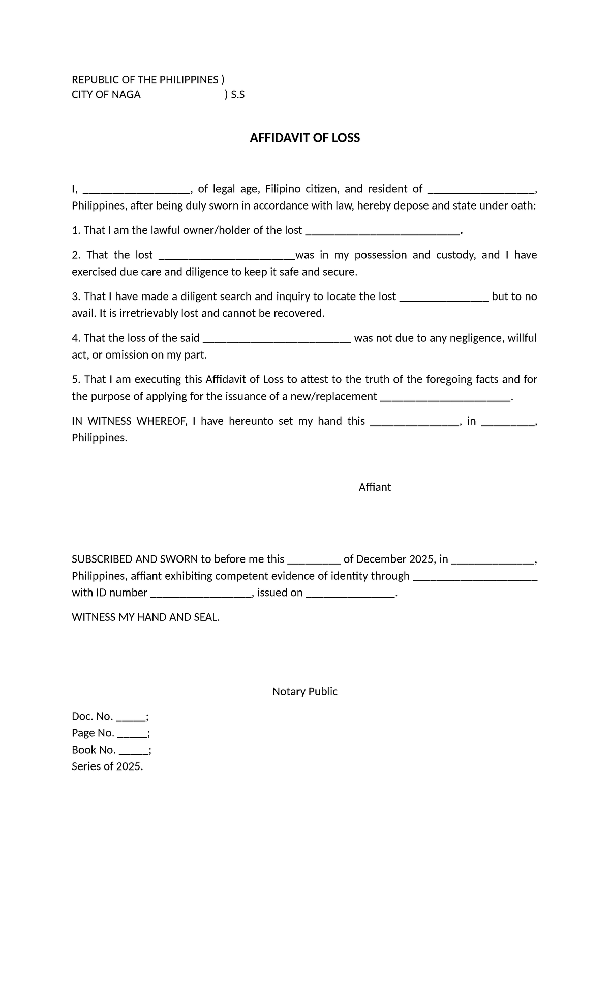 Affidavit of Loss - Legal Form for the Philippines - Studocu