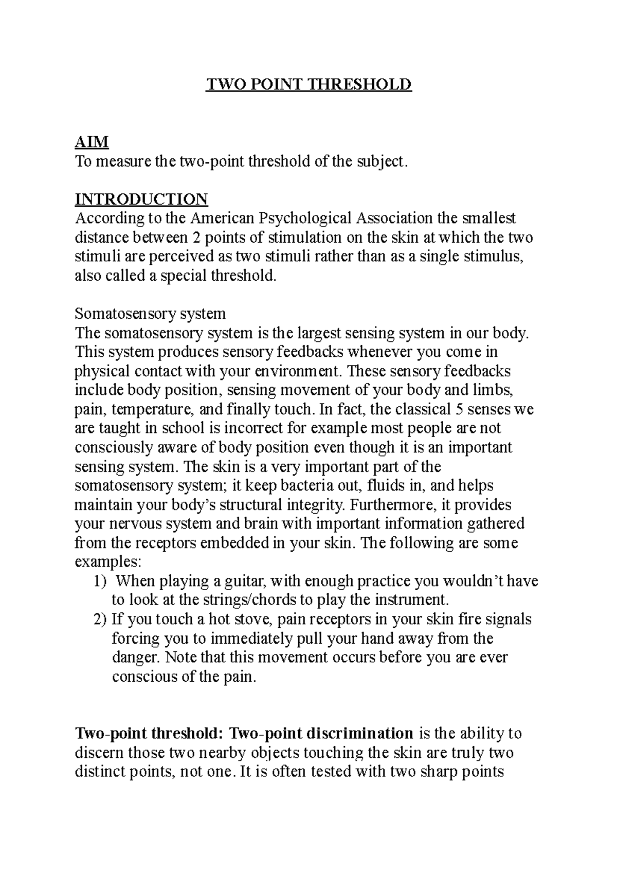 Measuring Two-Point Threshold: Aim and Experimental Method - Studocu
