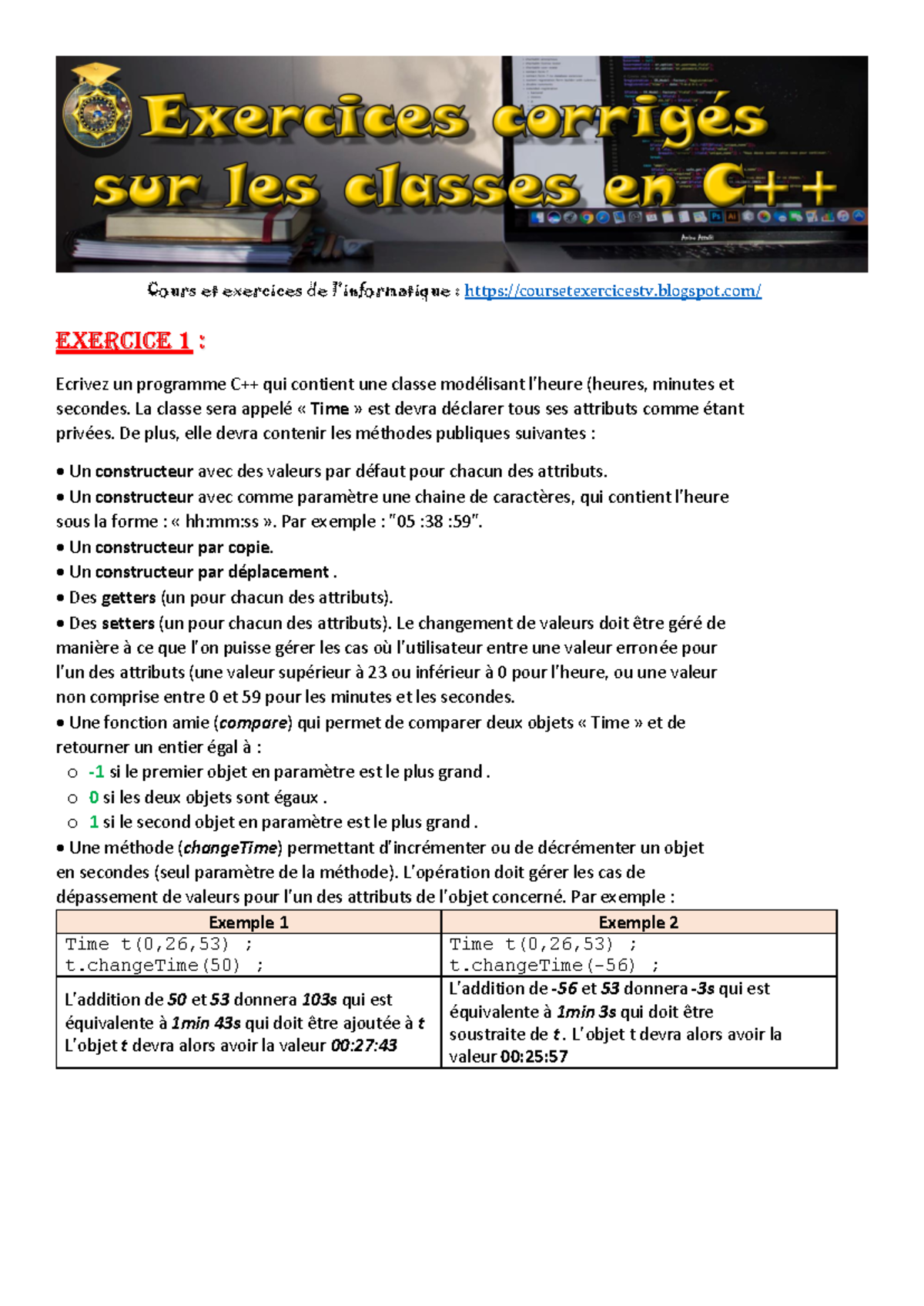 Exercices corrigés sur les classes en C++ - Exercice 1 : Ecrivez un ...